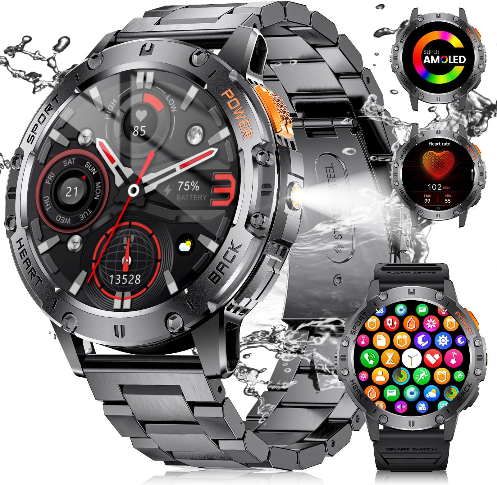 FOXBOX Militär Smartwatch Herren mit Telefonfunktion, 1.43" AMOLED ...