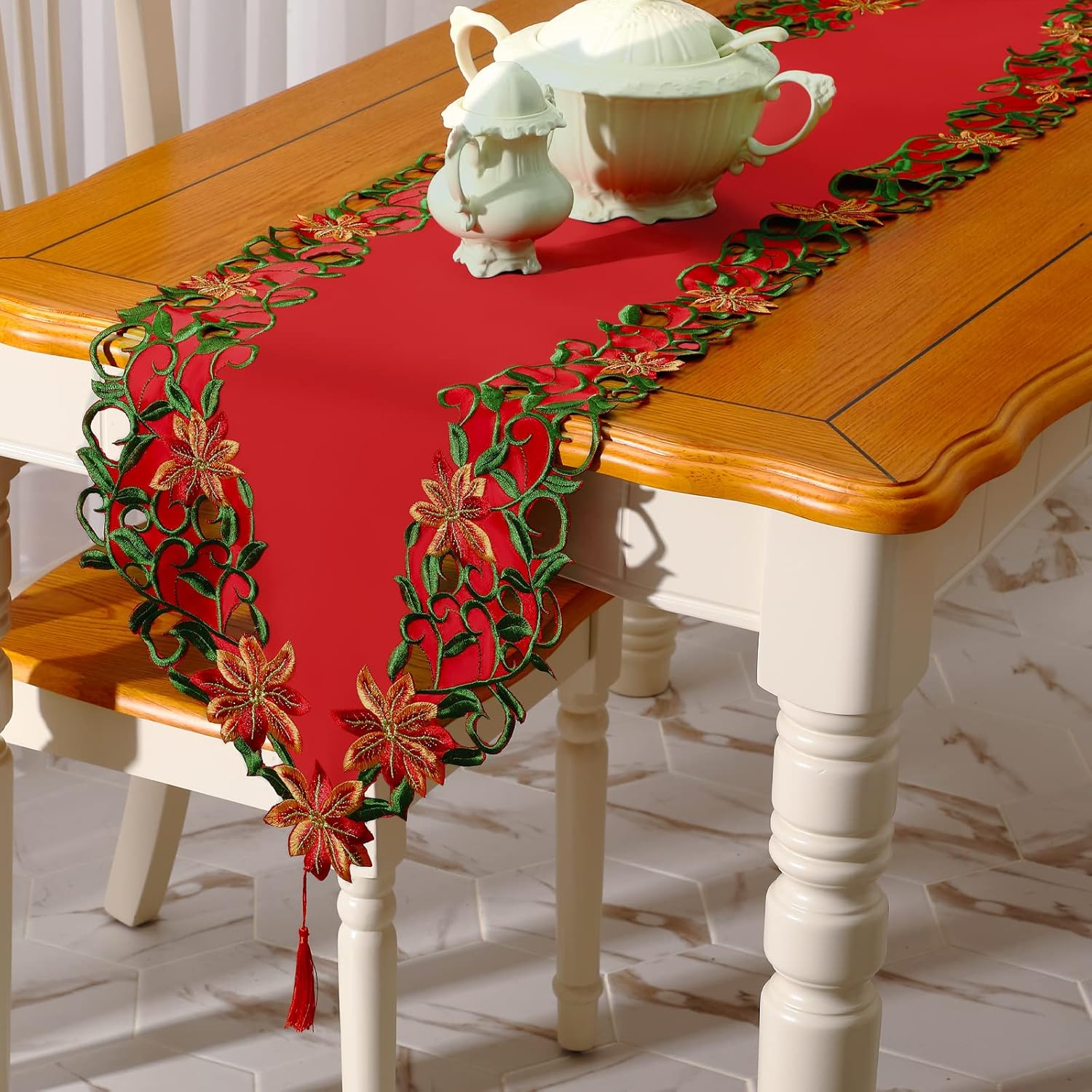 Tatuo Christmas Embroidered Table Runner Xmas Flower Red Cover ...