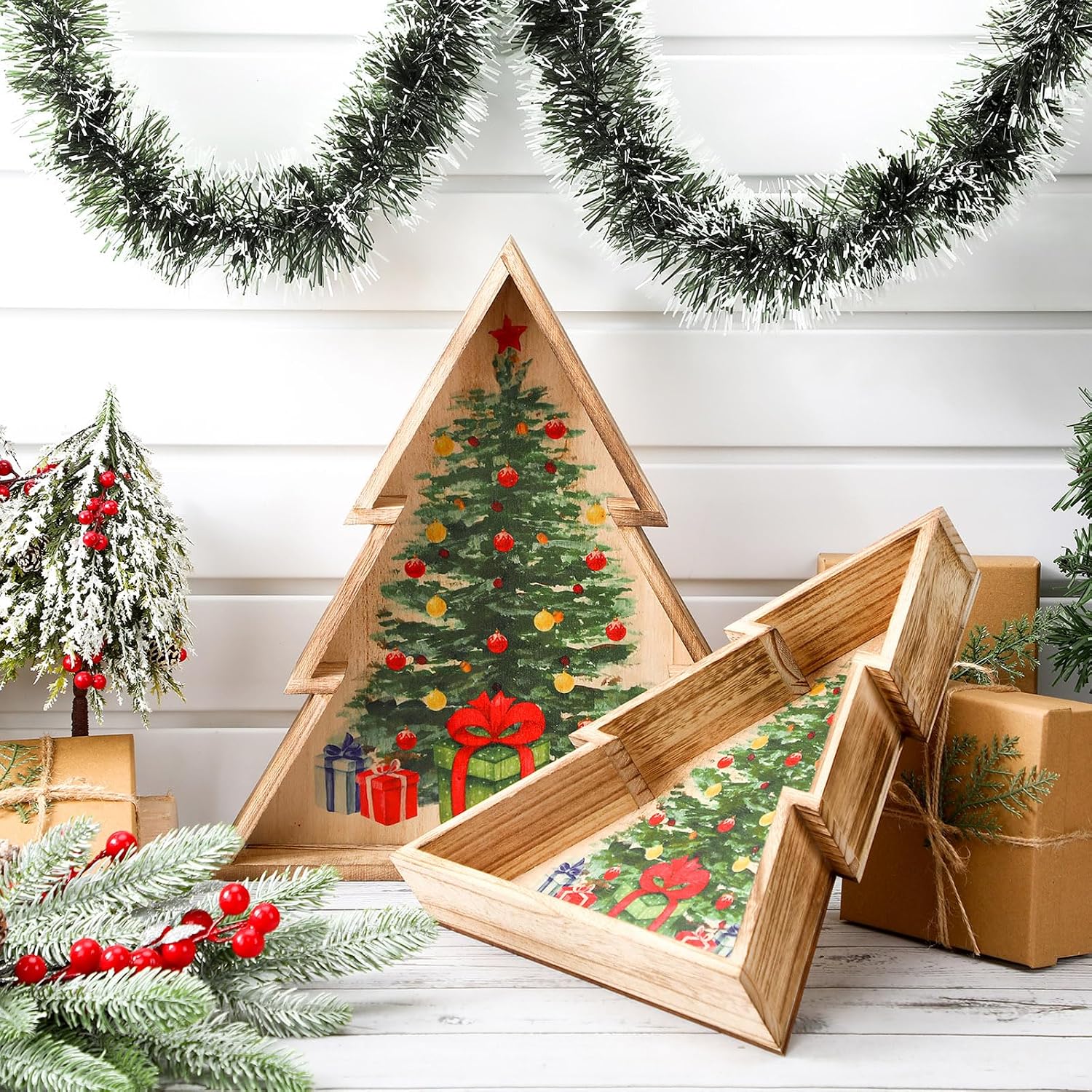 Amazon.com: Uiifan 2 Pcs Christmas Tree Wooden Trays Rustic Serving ...