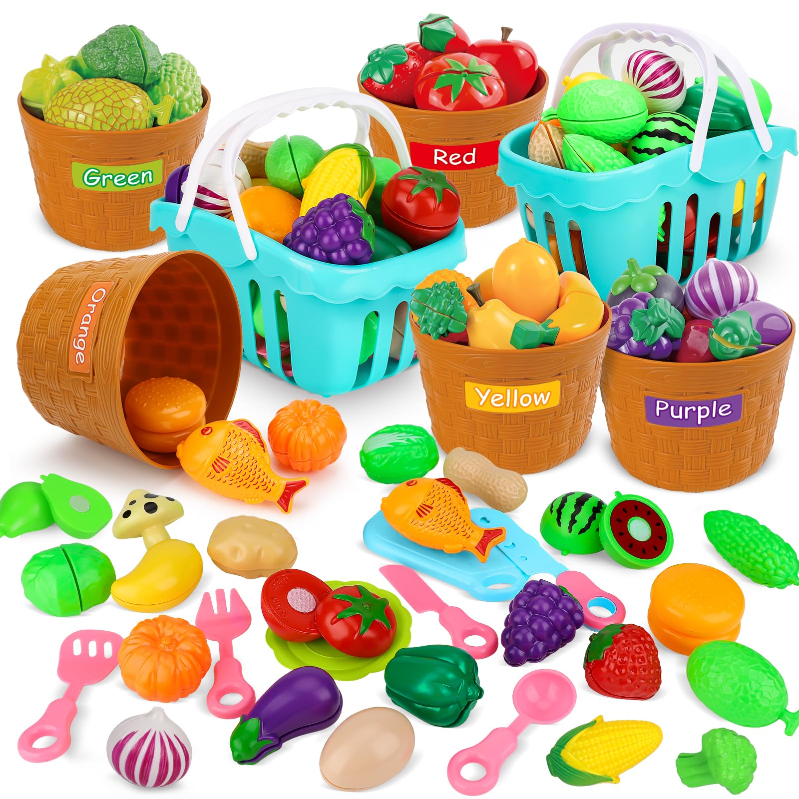 Amazon.com: Color Sorting Play Food Set for Kids, Cutting Fruits and ...
