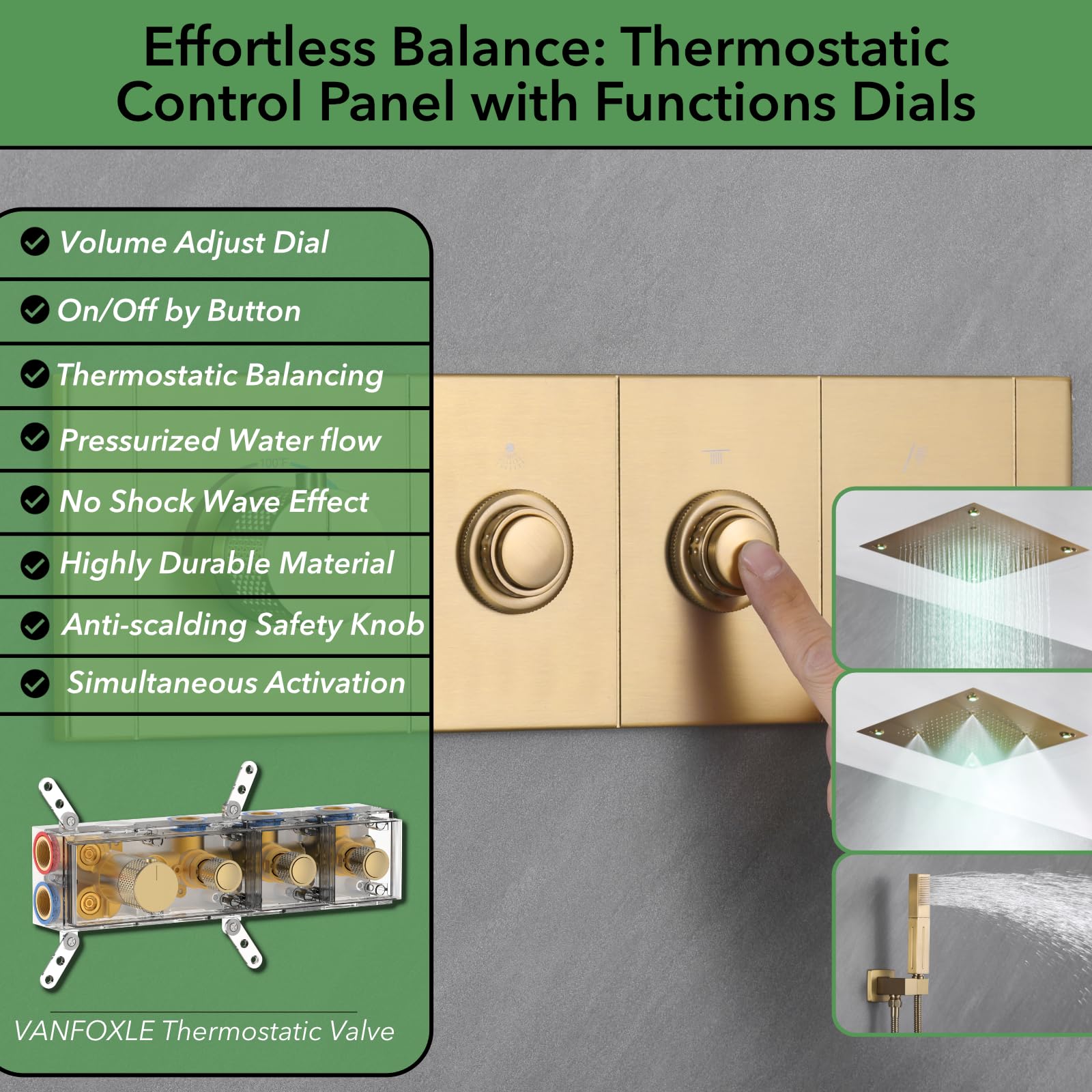 Snapklik.com : VANFOXLE Shower Faucet Set Brushed Gold Temperature Shower System, Push Button ...