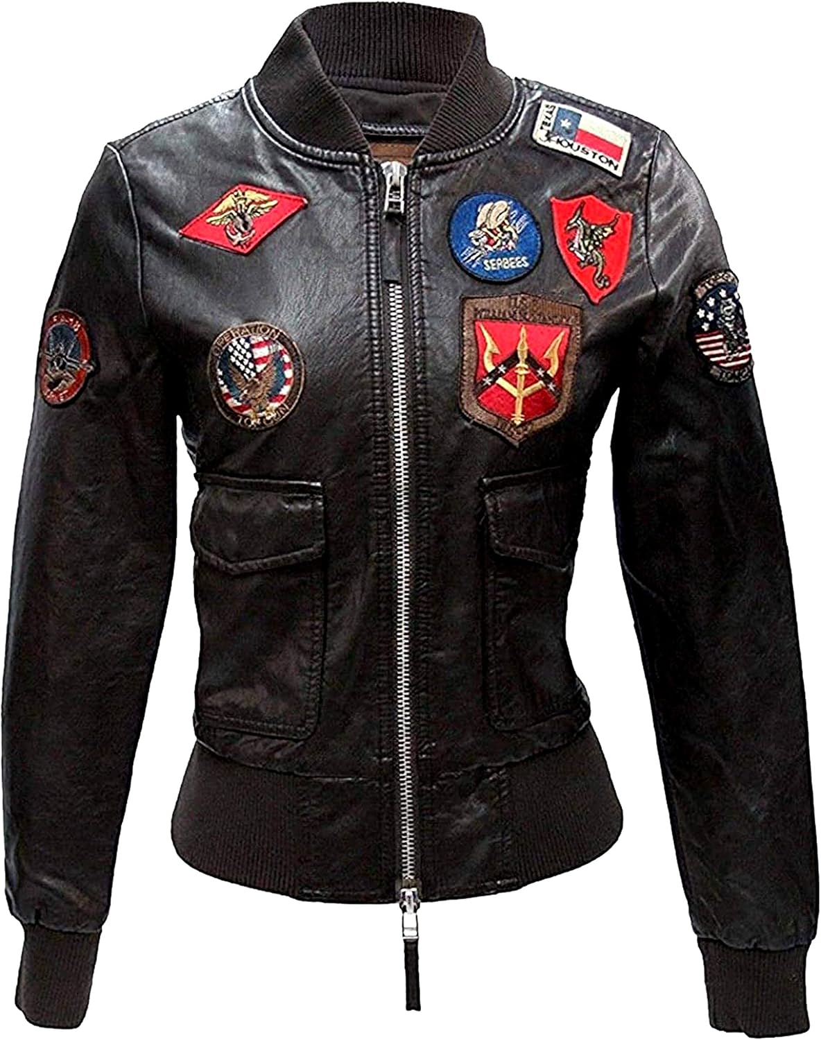 Womens Top Kelly Mcgillis Charlie Pilot Flight Patches Aviator Leather ...