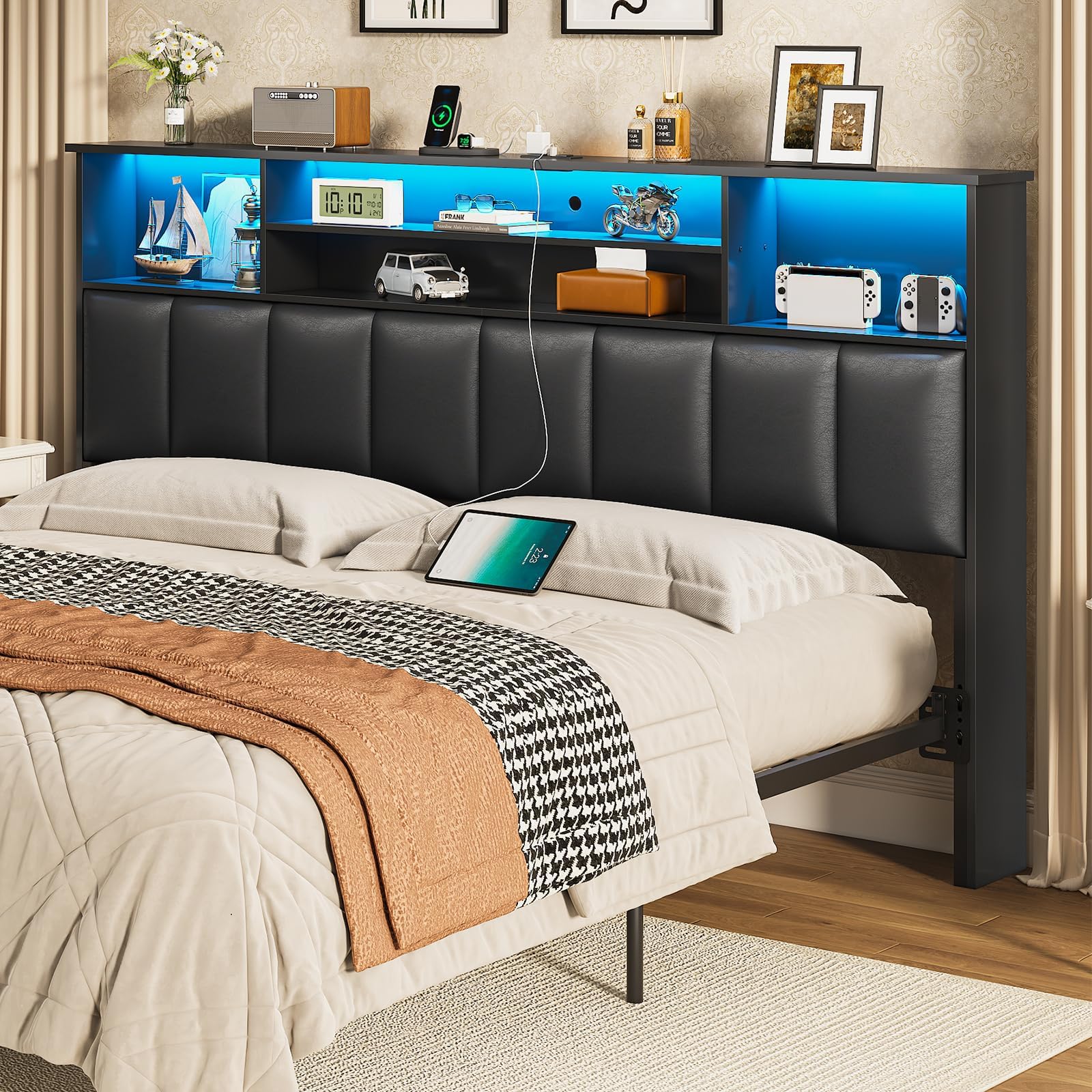 Amazon.com - HOOBRO King Size Upholstered Headboard, Storage Rack with ...