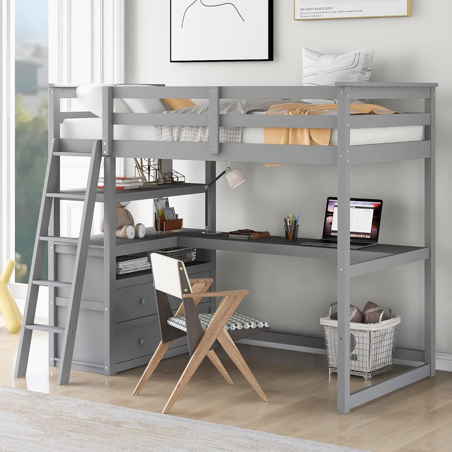 Amazon.com: DEYOBED Twin Size Wooden Loft Bed Frame with Desk, Shelves ...