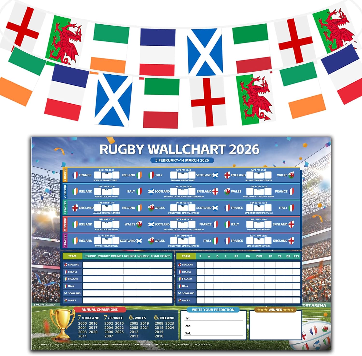 AhfuLife Six Nations Rugby Wallchart 2026 and 12m-30pcs Flags Bunting ...