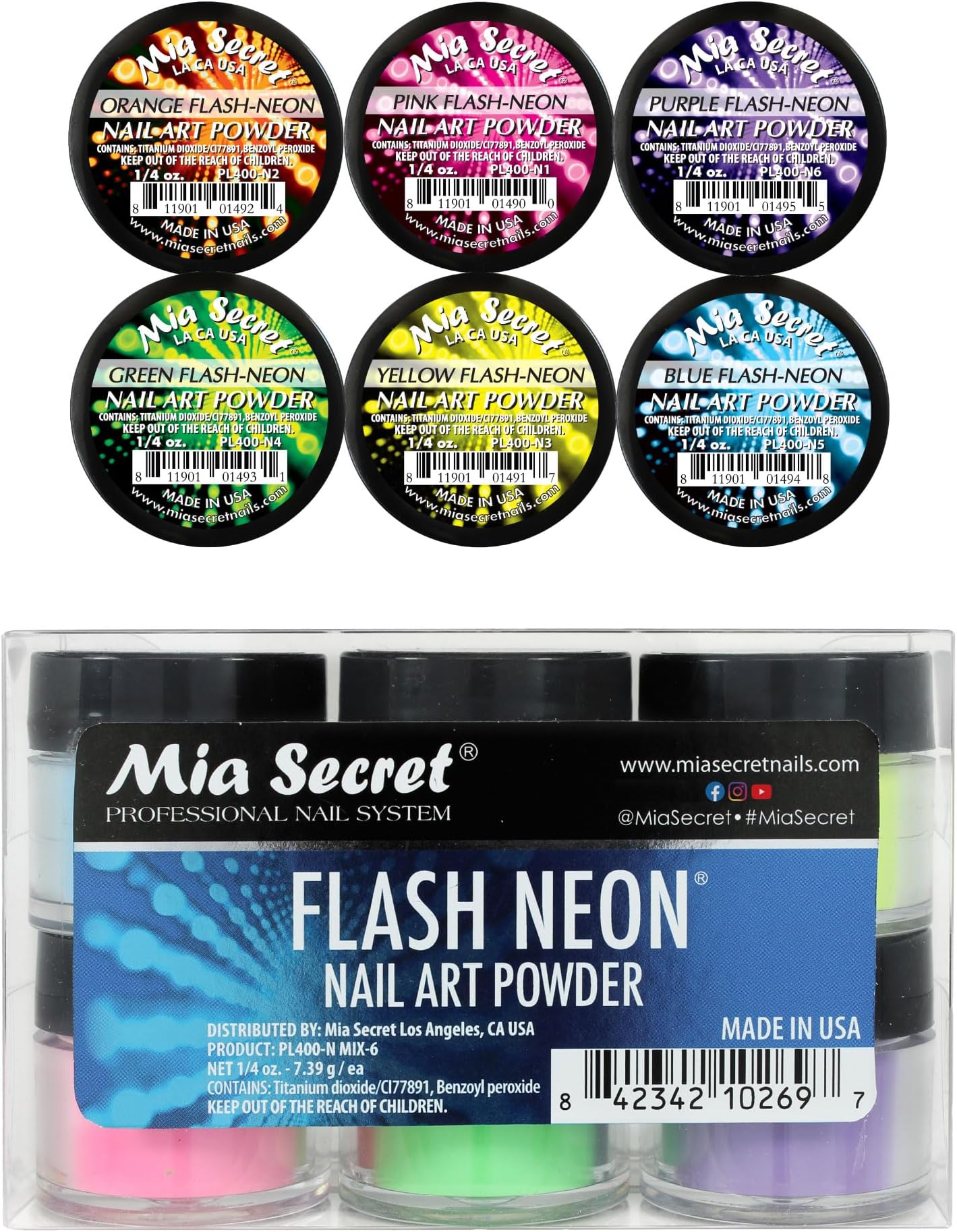 Amazon.com: 6 Mia Secret Flash Neon Acrylic Nail Art Powder Glows Under ...