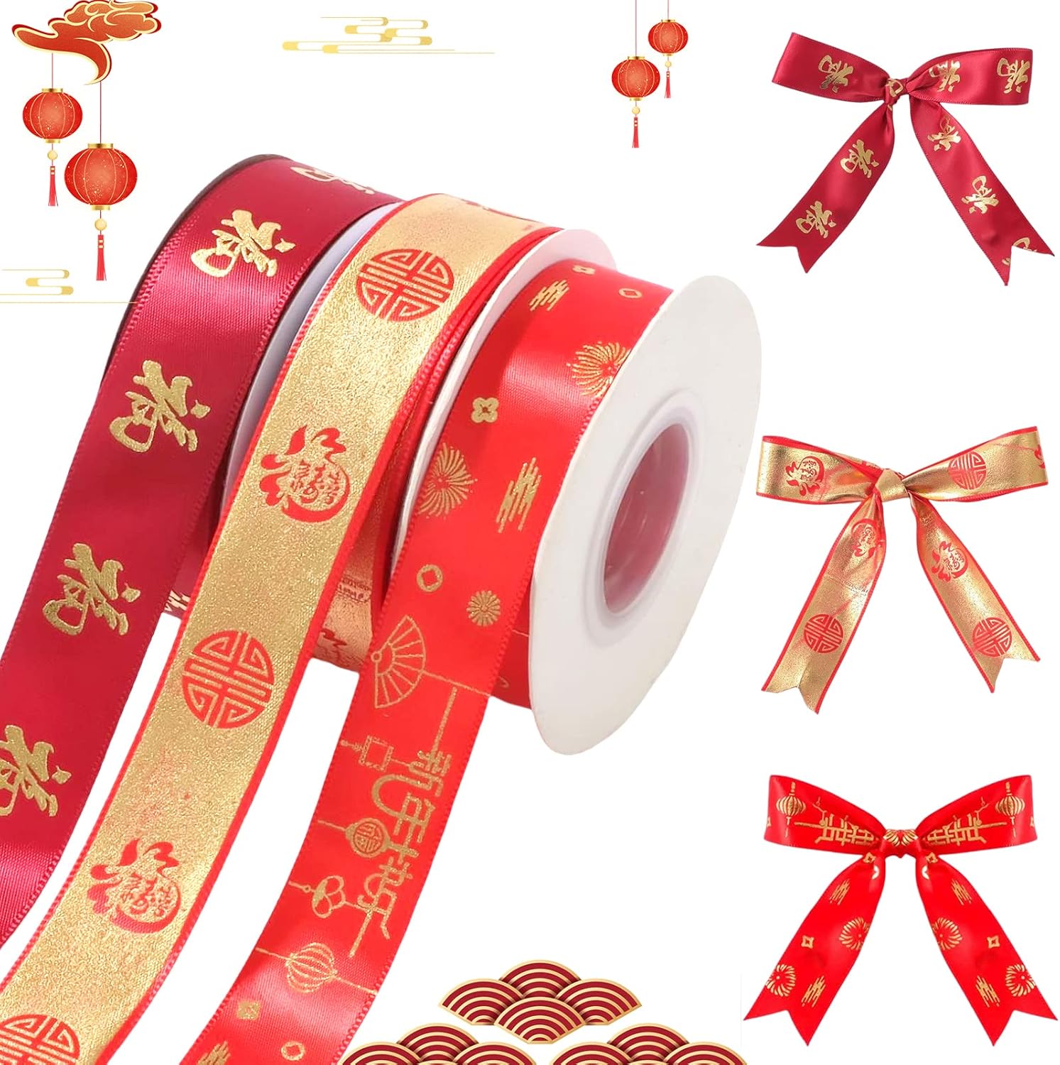 Amazon.com: 3 Rolls Red Polyester Ribbons Chinese New Year Satin Ribbon ...