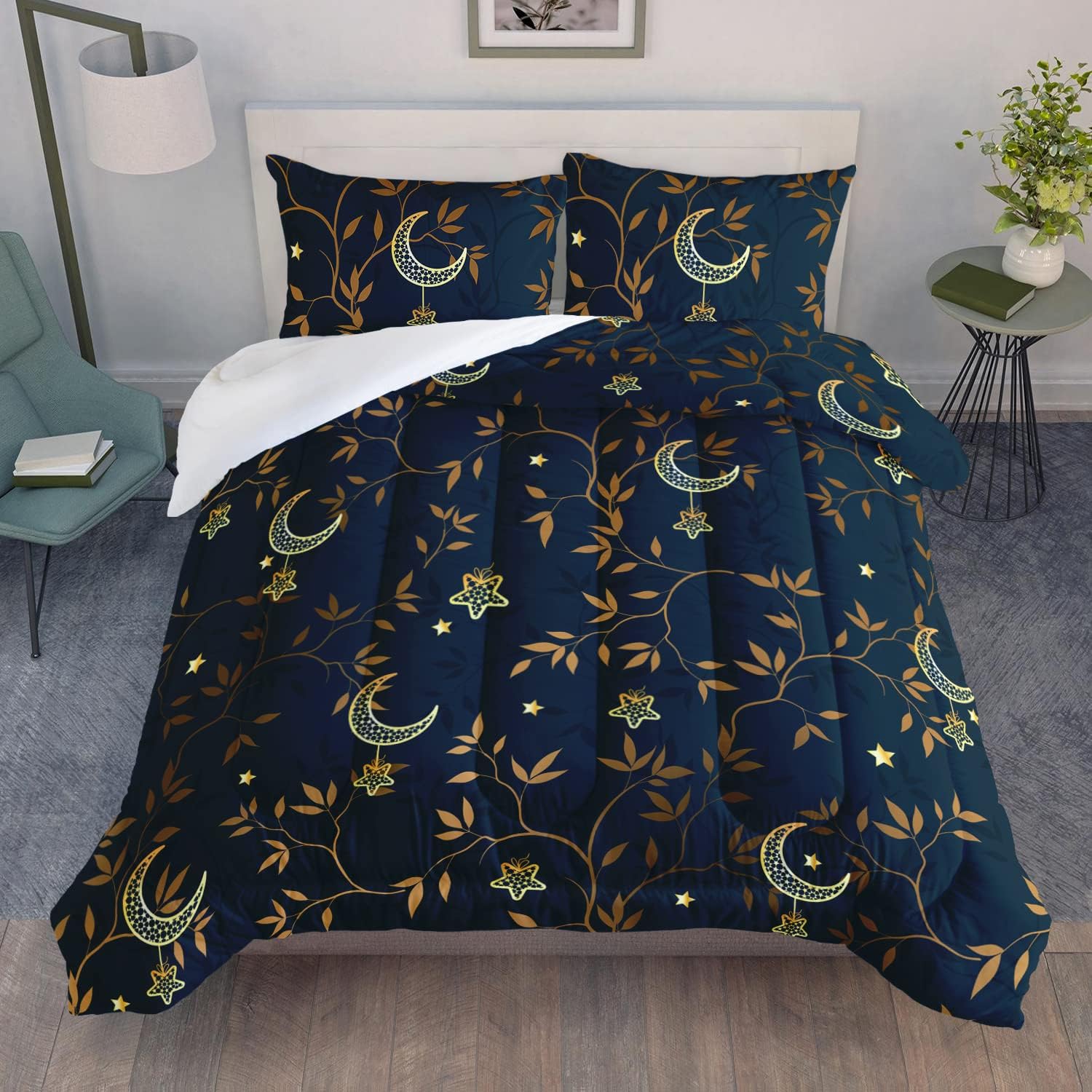 Amazon.com: AILONEN Moon Comforter Set Queen Size, Gold Moon Star Leaves Print Bedding Set,Soft ...