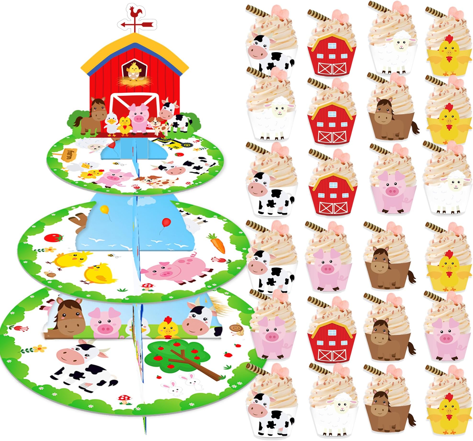 Amazon.com: Pink Farm Animals Cupcake Stand 3 Tiers Farm Birthday Party ...