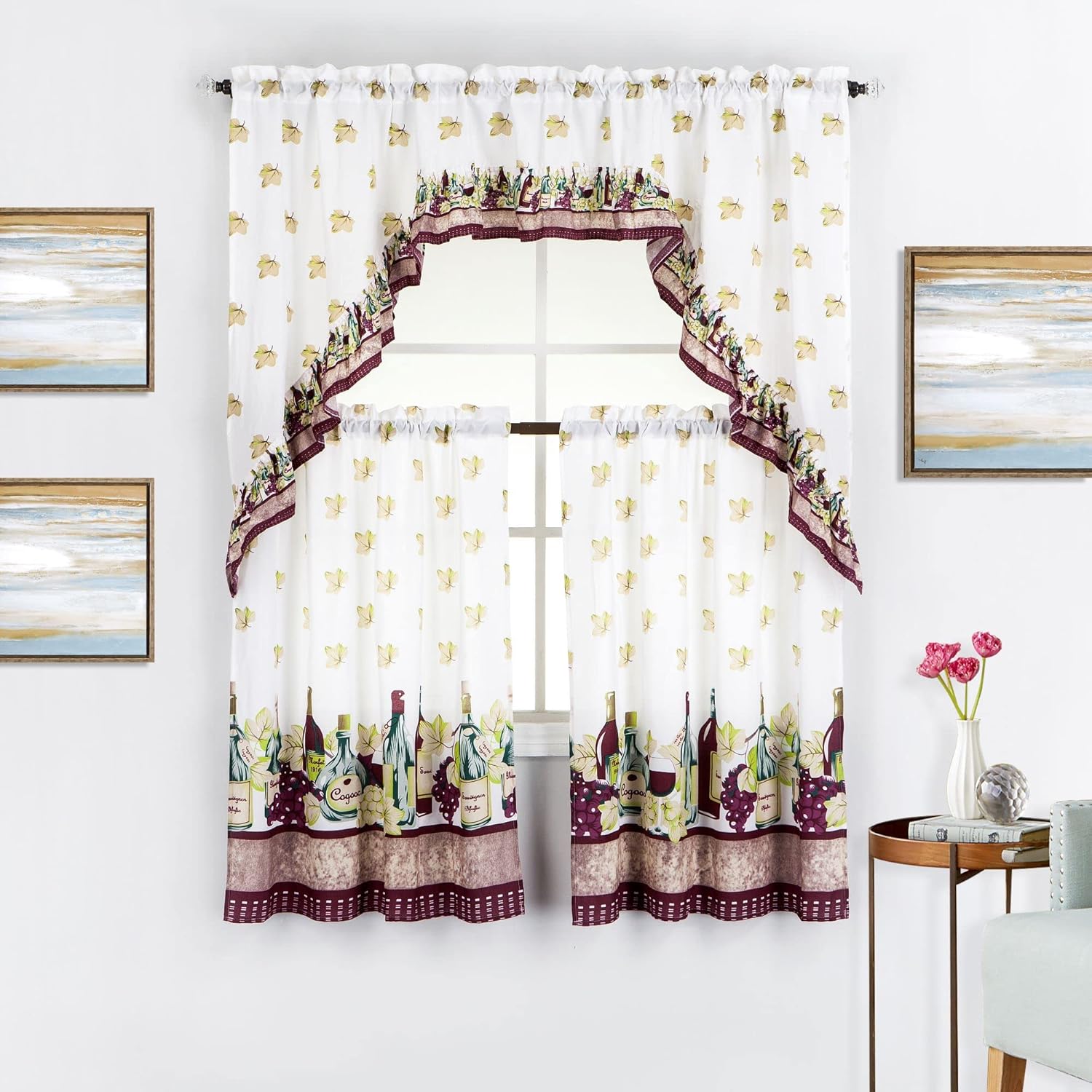 Amazon.com: 3-Piece Rod Pocket Printed Kitchen Curtain Swag Valance ...