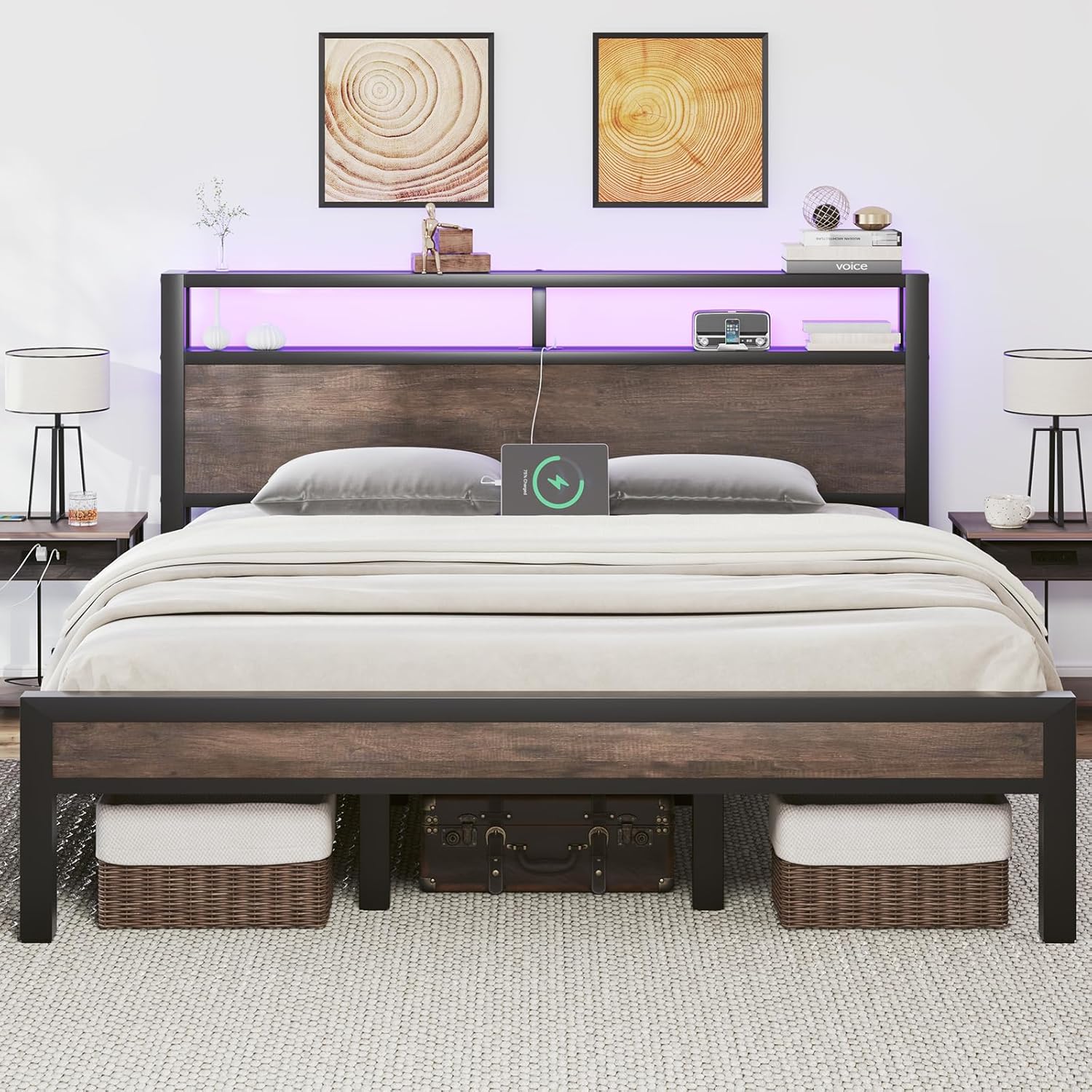 Amazon.com: LoVinson King Size Bed Frame with 2-Tier Storage Headboard ...