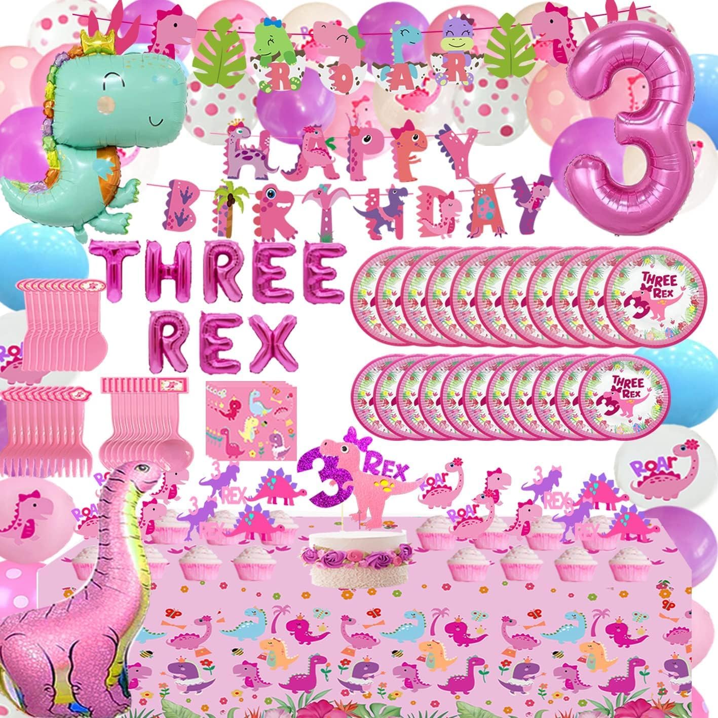 Amazon.com: 175 Pcs Three Rex Birthday Party Decorations for Girls ...