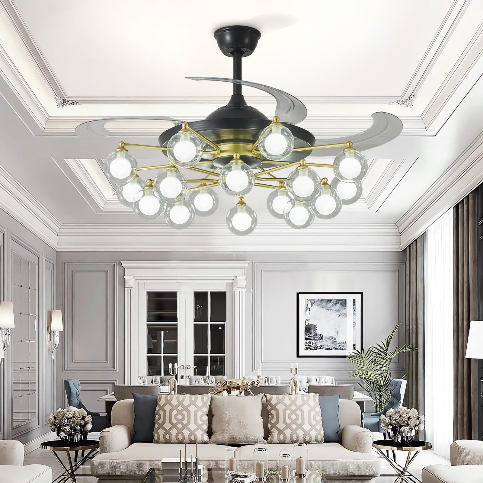 Retractable Ceiling Fan with Lights Modern: 48" Chandelier Fan with ...