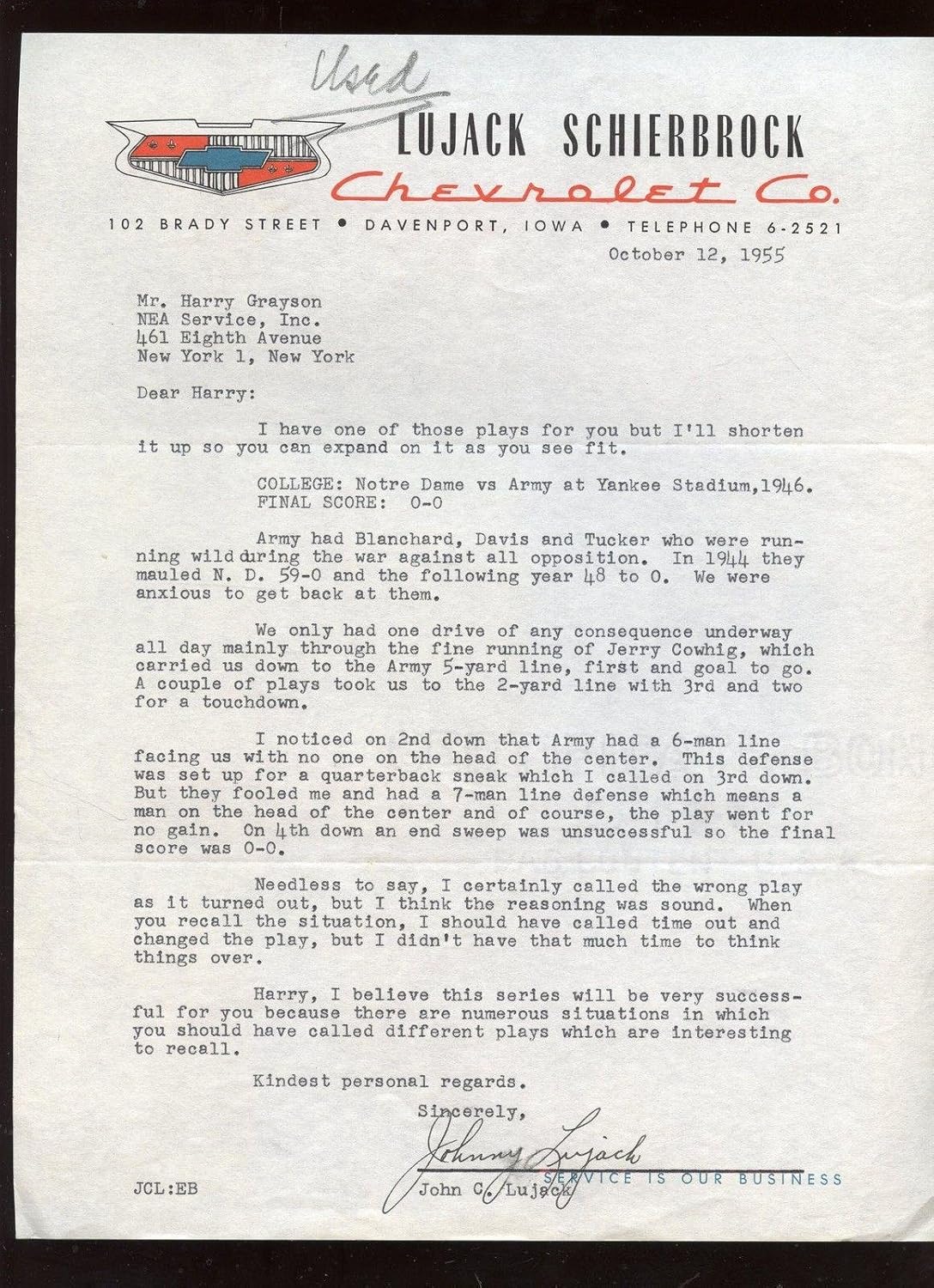 Original 1955 Johnny Lujack Chevrolet Signed Letter Hologram - NFL Cut ...