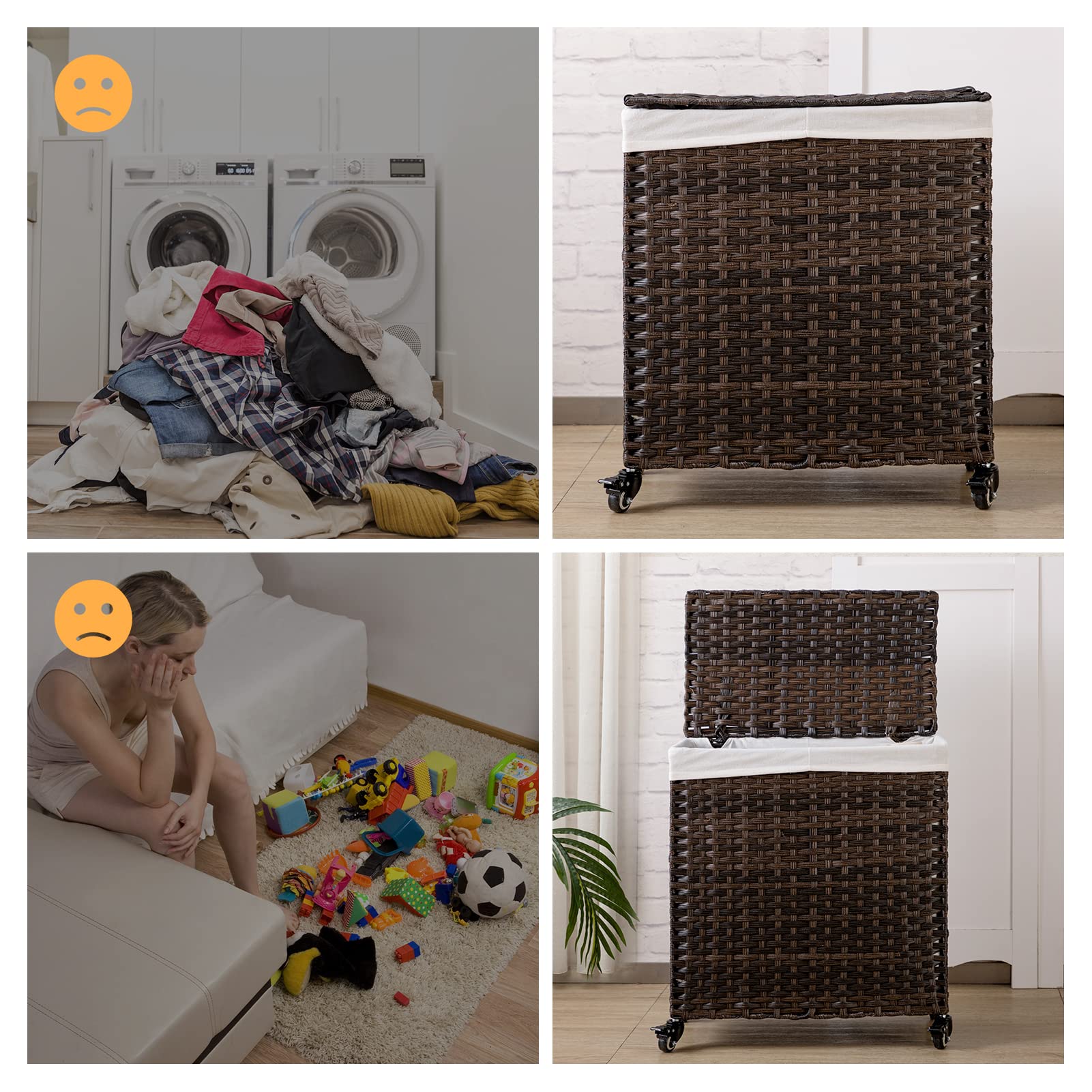 PARANTA Wicker Laundry Hamper with Lid and Wheels 100L Clothes Laundry ...