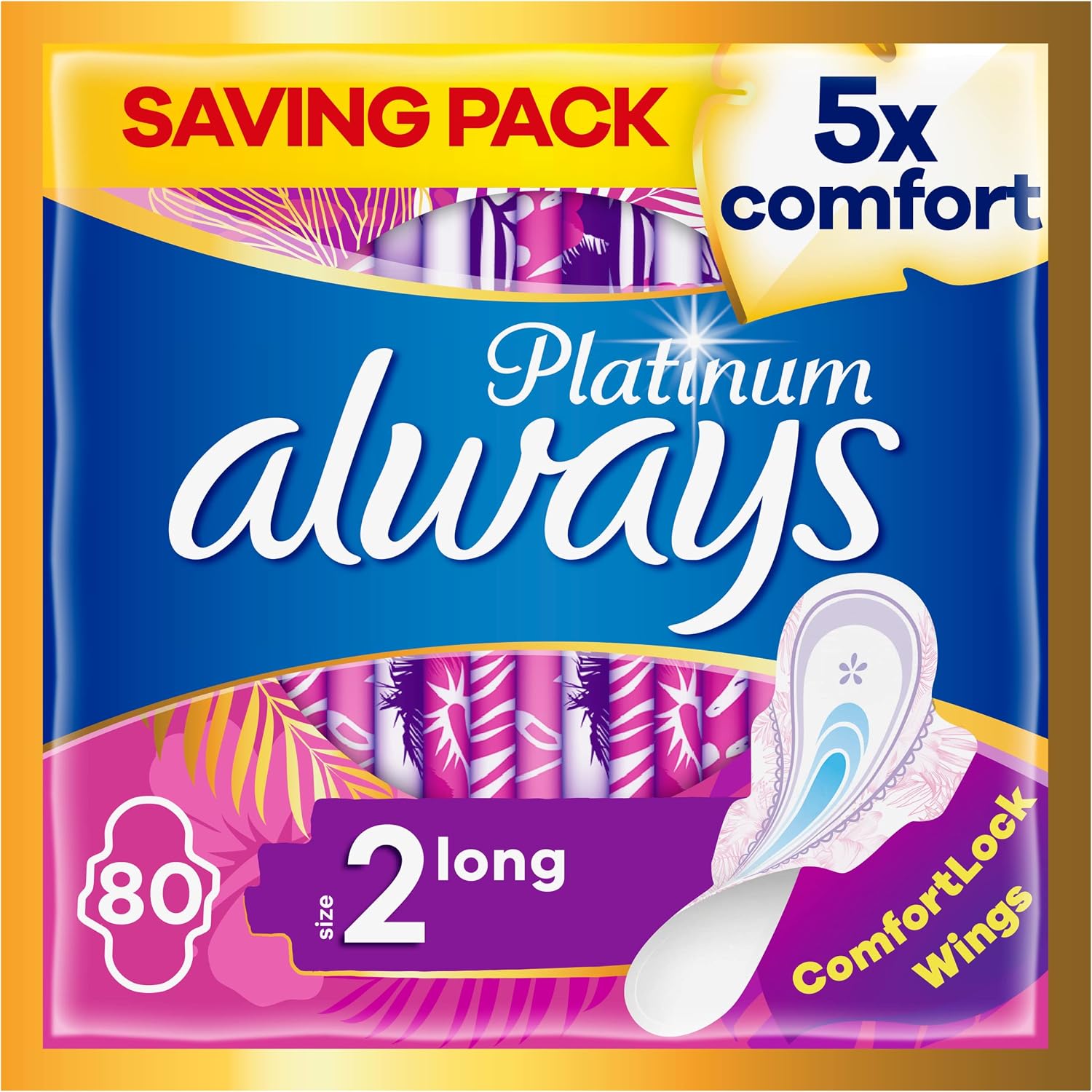 Always Platinum Sanitary Towels with Wings, Size 2, Long, 80 Towels (20 ...