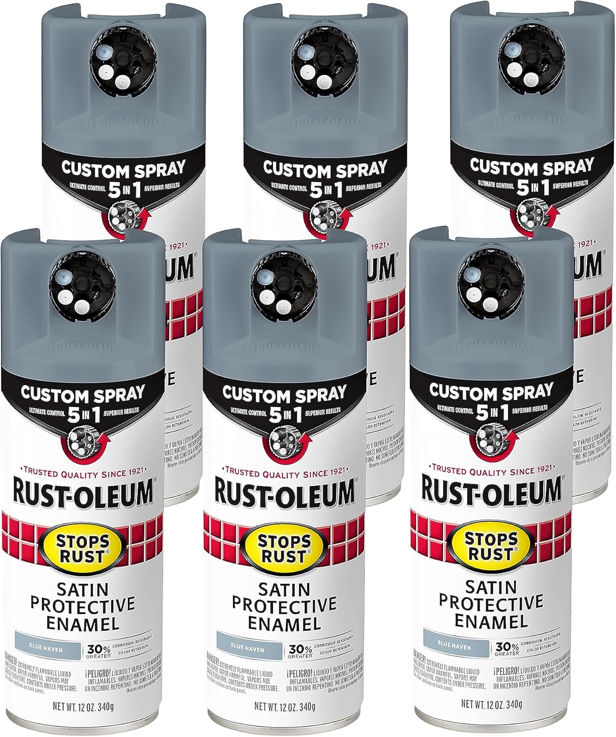 Rust-Oleum 383423-6PK Stops Rust Custom Spray 5-in-1 Spray Paint, 12 oz, Satin Blue Haven, 6 ...