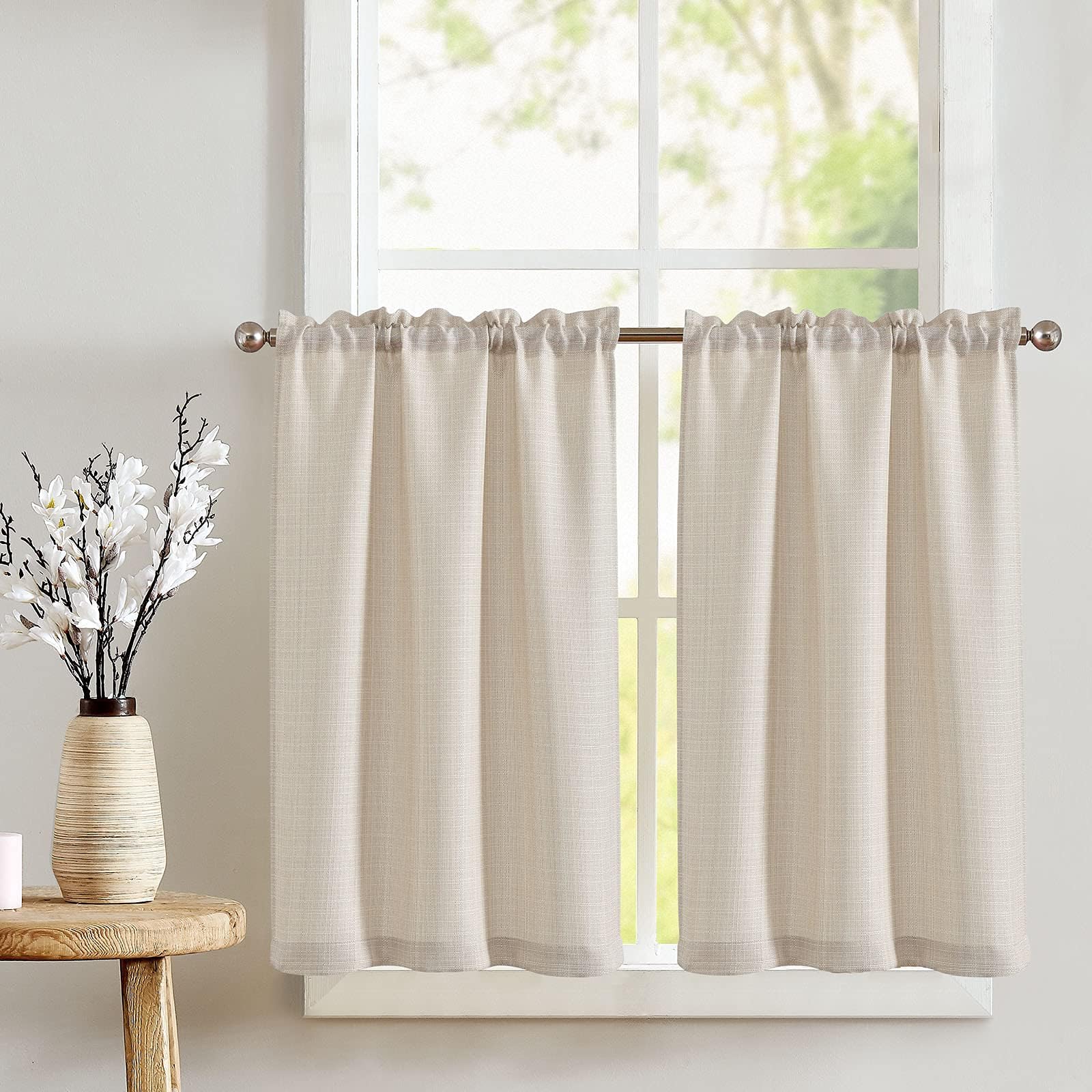 TOPICK Grey Striped Small Curtains 24 Inch Drop Linen Kitchen Curtains ...