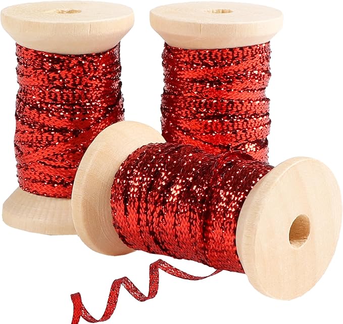 Amazon.com: RIBBOOO Red Thin Ribbon 1/8 inch Metallic Braided Double ...