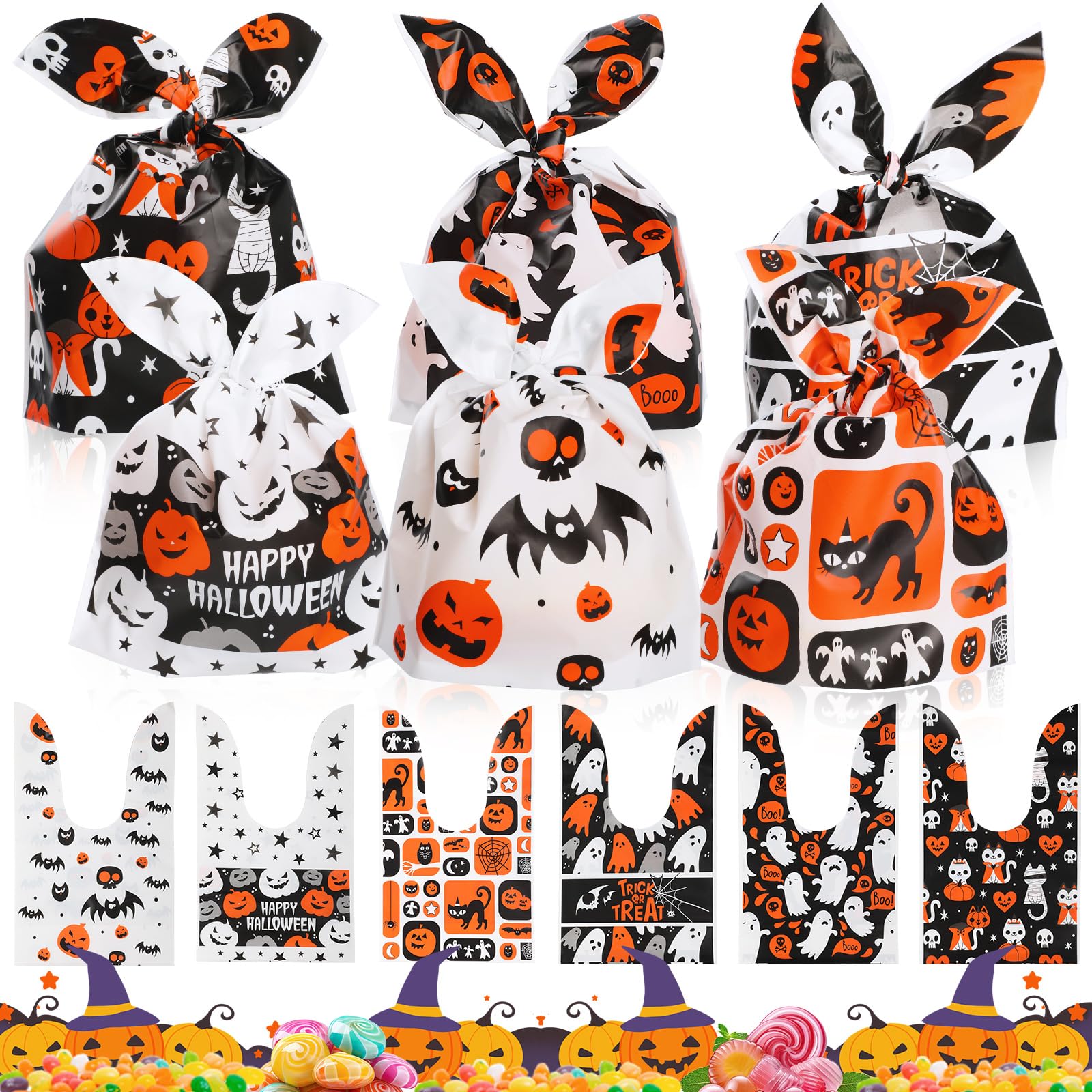 Simpeak 100 PCS Halloween Sweet Bags, 6 Patterns Halloween Treat Bags ...