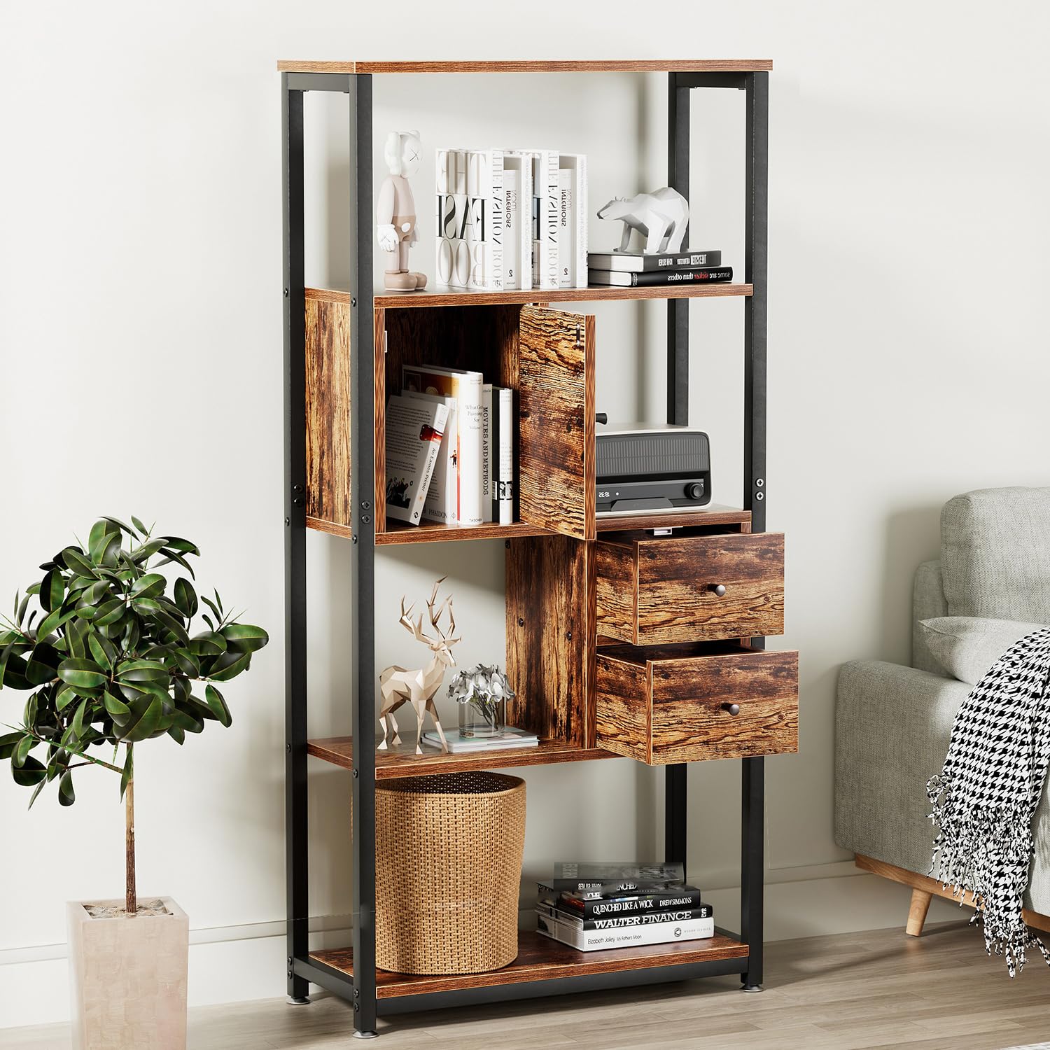 Amazon.com: VECELO Bookshelf,4-Tier Book Shelves with 2 Storage Drawers ...