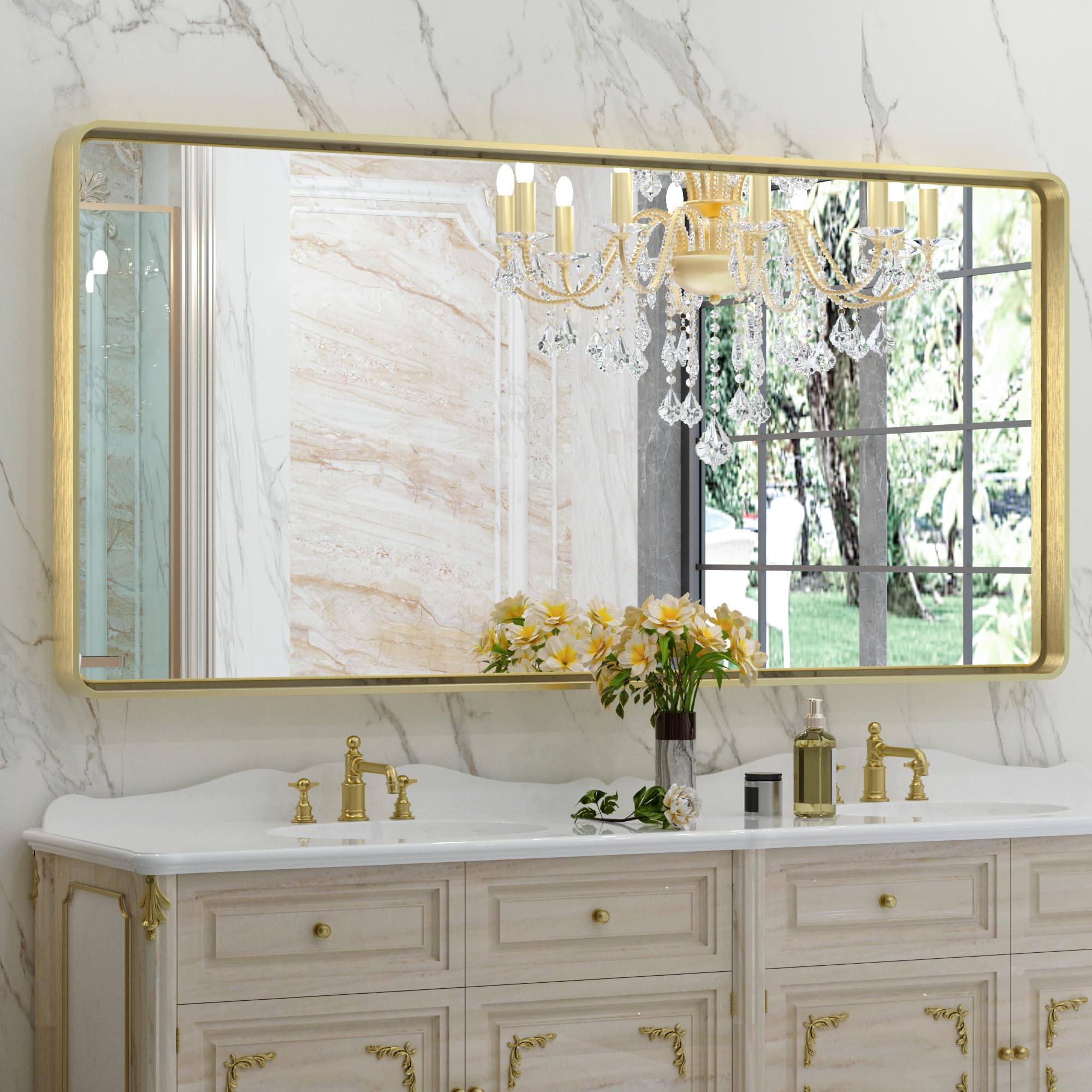 TETOTE 60x28 Inch Bathroom Mirror, Brushed Gold Metal Framed Wall ...