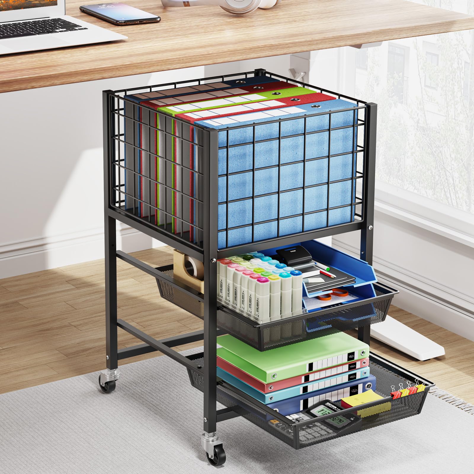 TOOLF 3-Tier Rolling File Cart, Metal Storage Drawer Cart with Two ...