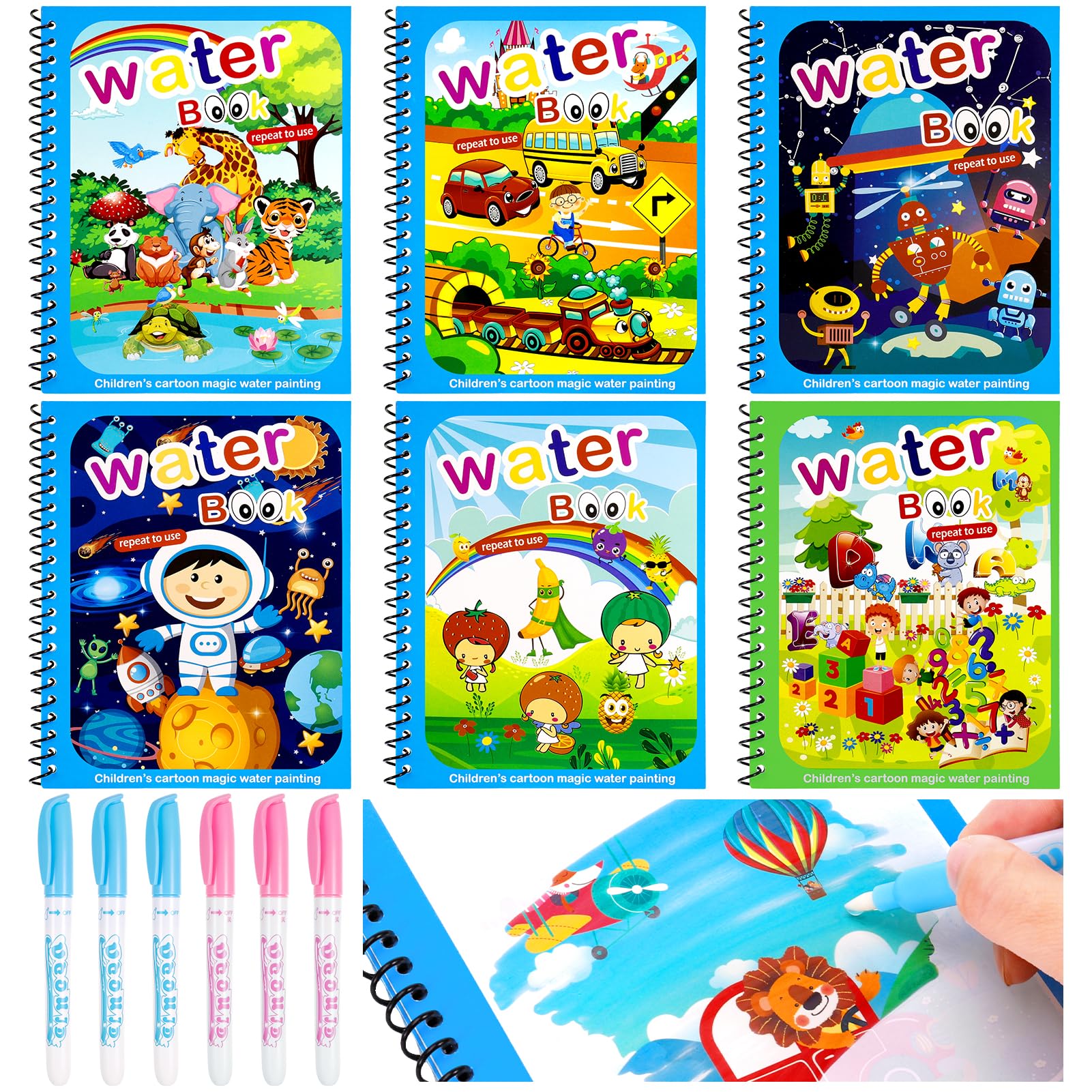 FRIUSATE 6 Pack Magic Water Colouring Book,Kids Reusable Drawing Book ...