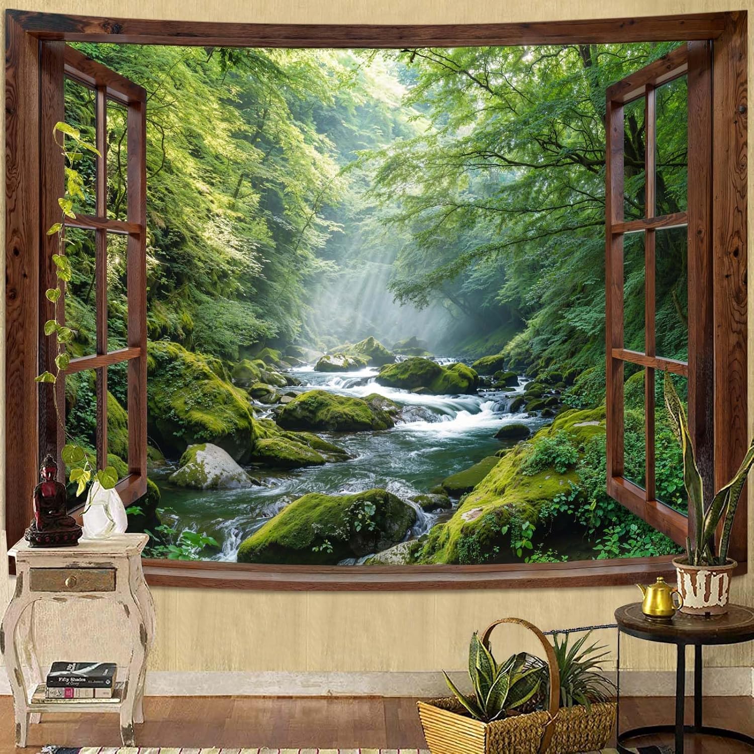 Amazon.com: Lunerfex Forest River Window View Tapestry, Scenic ...
