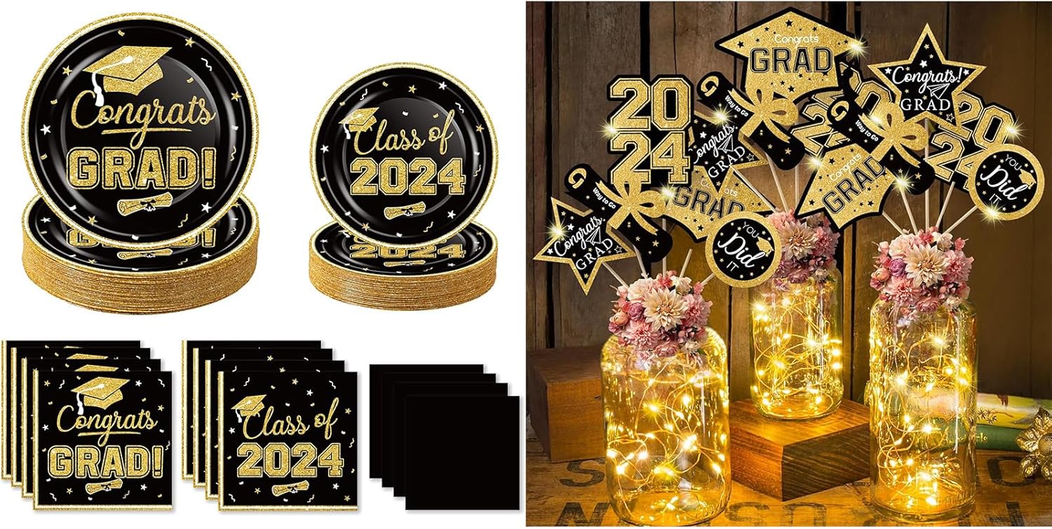 Amazon.com: 2024 Black Gold Graduation Sticks Disposable Dinnerware for ...