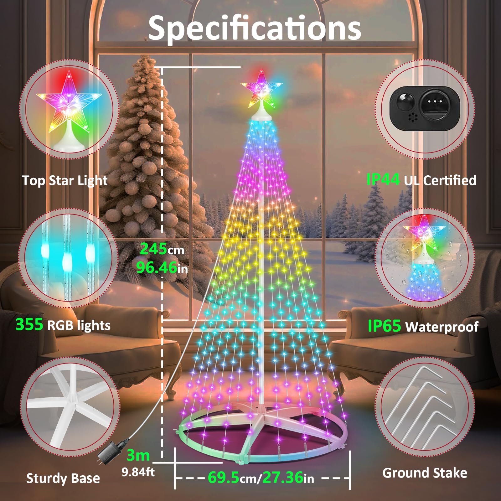 8FT LED Christmas Cone Tree Light, 355LEDs Outdoor Lighted Christmas ...