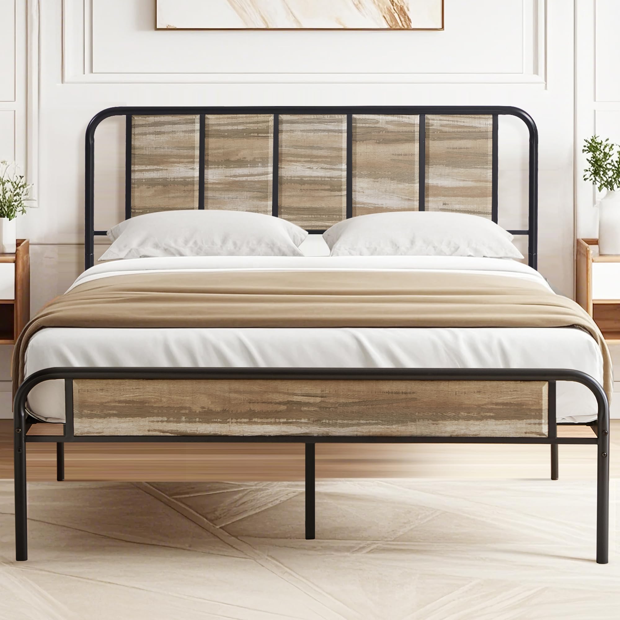 Amazon.com: VECELO Queen Size Metal Platform Bed Frame with Wooden ...