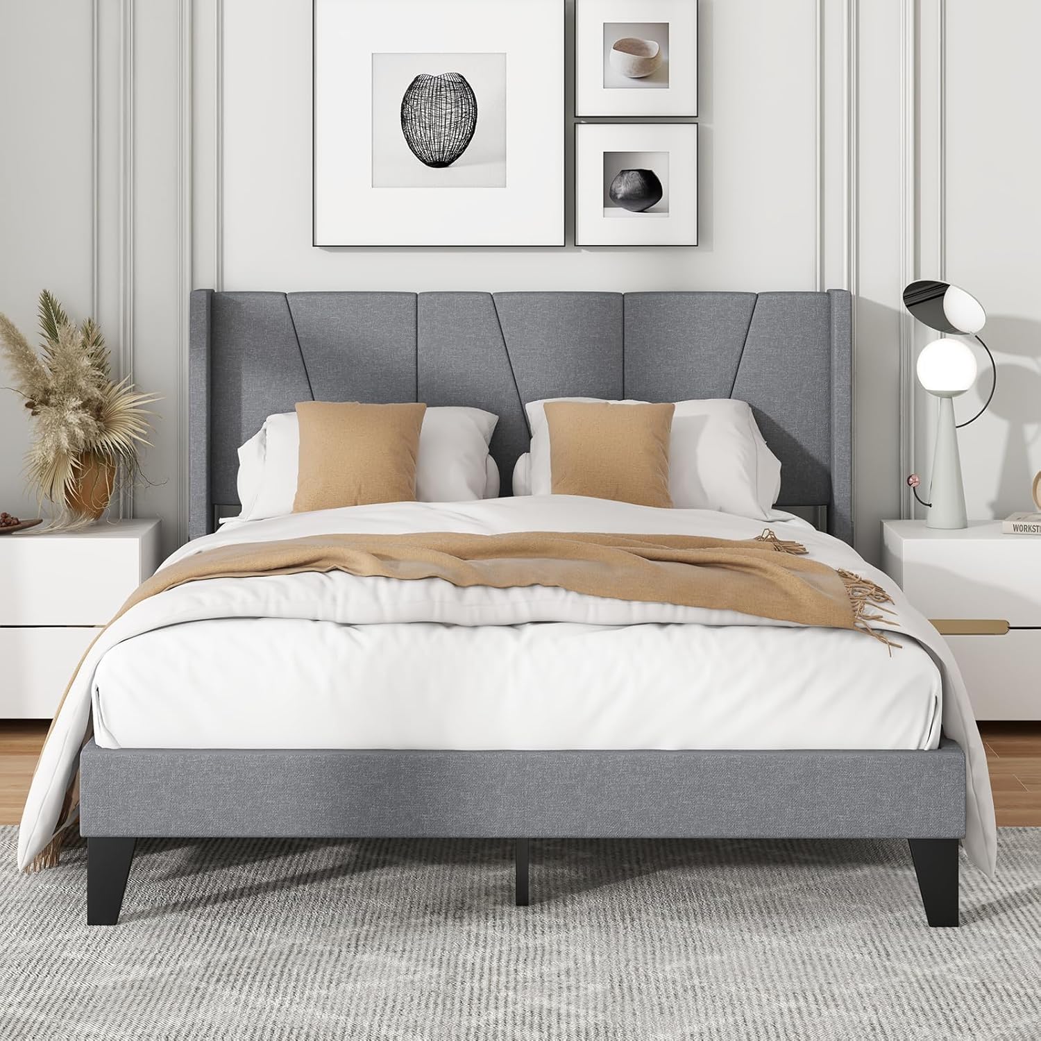 Giantex Full Bed Frame with Wingback Headboard, Modern Upholstered ...