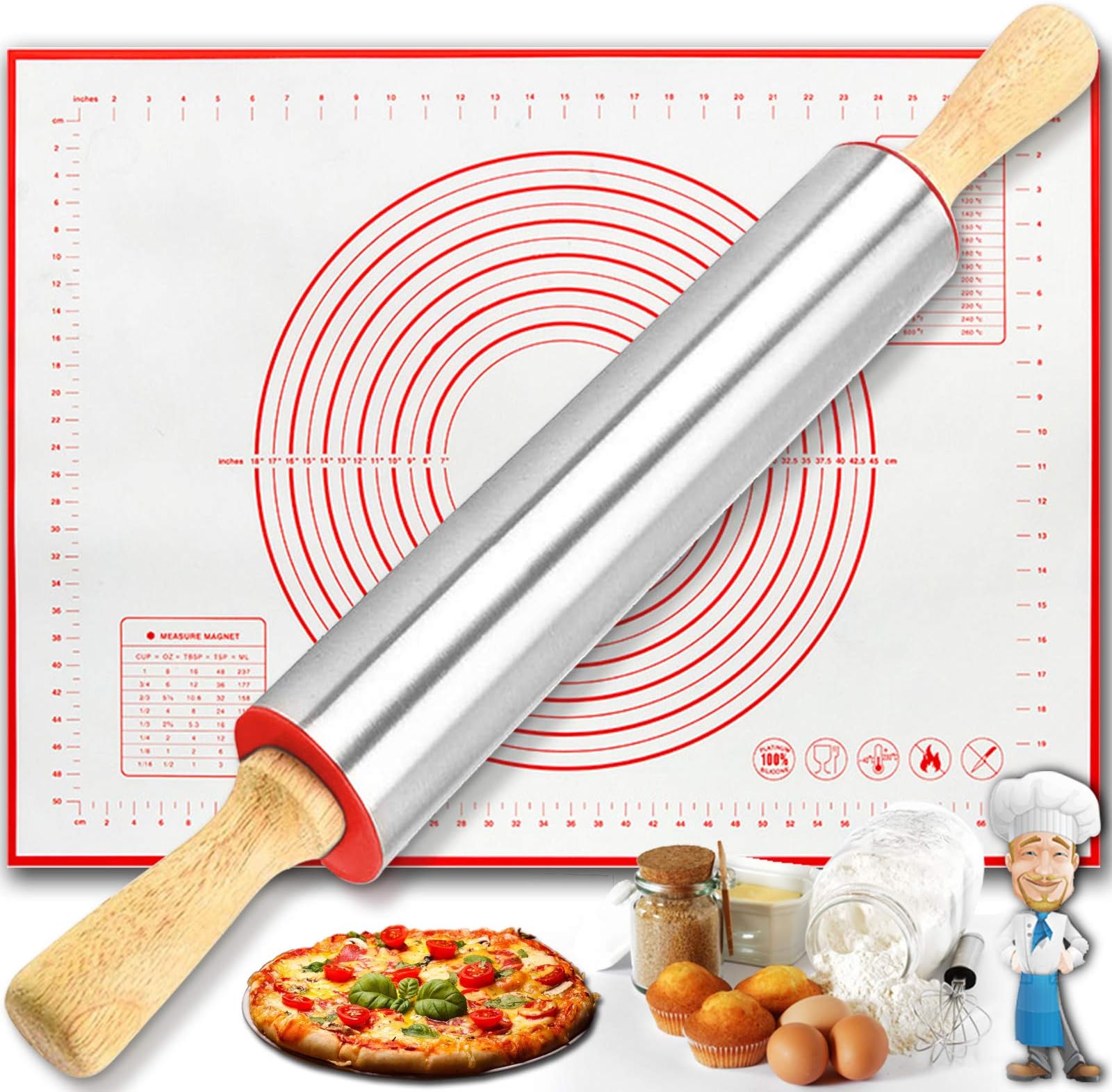 Rolling Pin and Baking Mat | Smooth Non Stick Silicone Rolling Pins ...