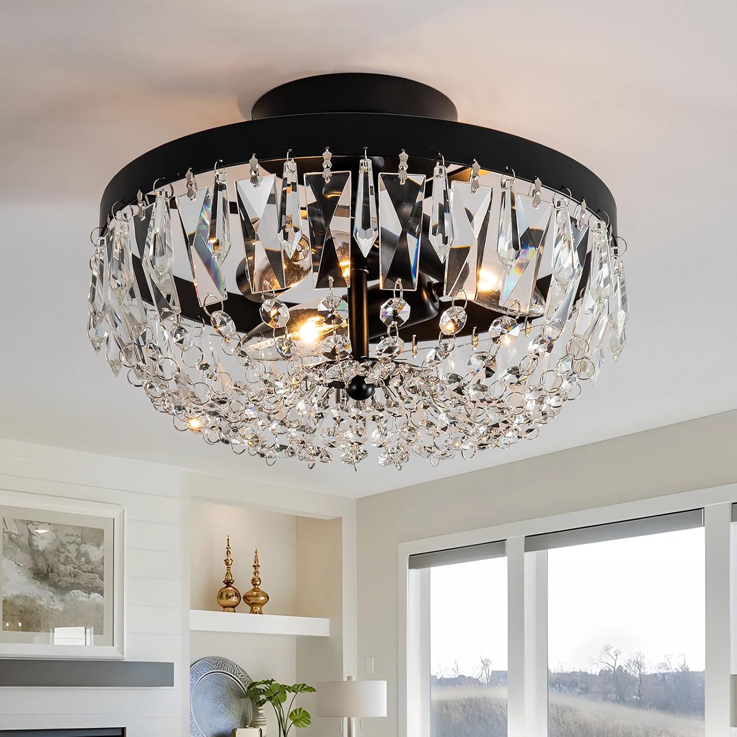 3-Light Black Crystal Ceiling Light Crystal Flush Mount Ceiling Light ...