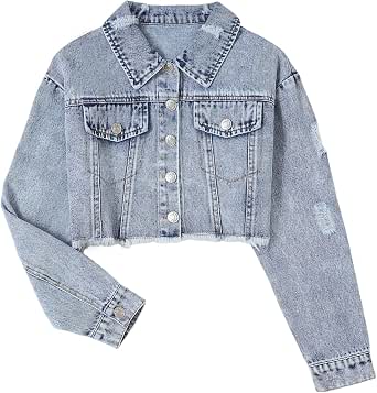 Amazon.com: MakeMeChic Girl's 3/4 Sleeve Denim Jackets Jean Ripped Raw ...