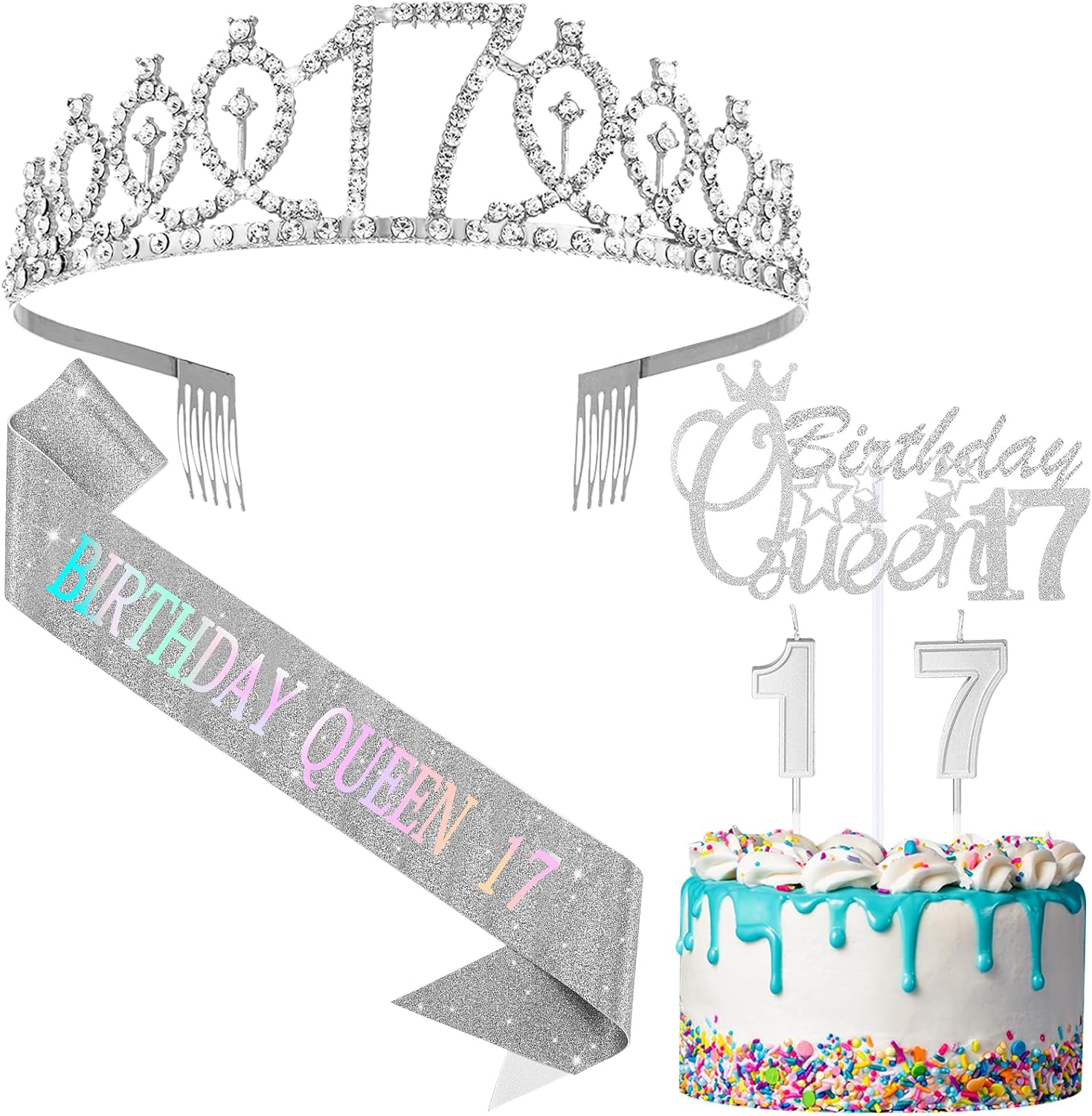 Amazon.com: Crowye 17th Birthday Decorations 17th Tiara Crown Sash ...