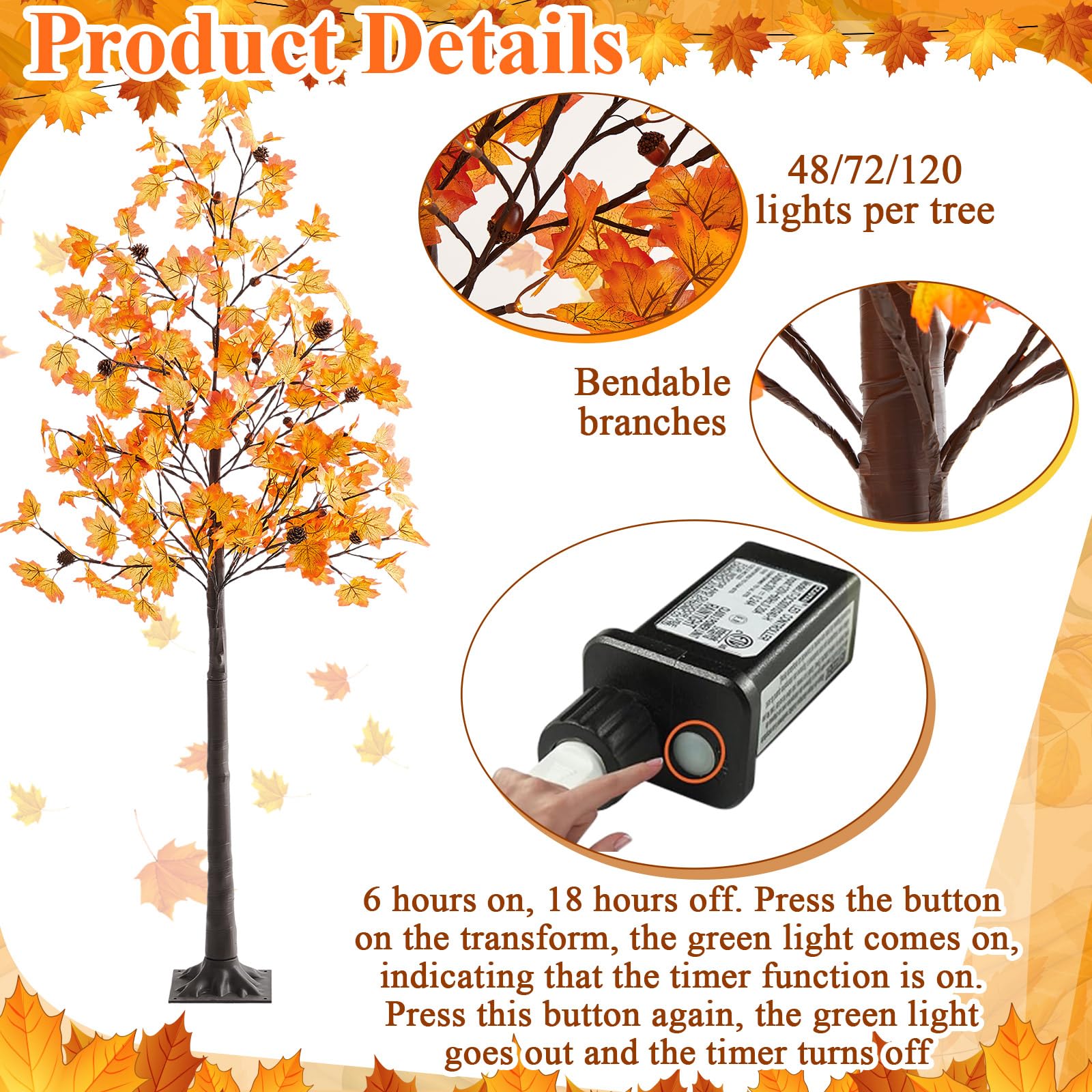 Snapklik.com : Tujoe 3 Pack 2025 Upgrade 4ft/5ft/6ft Lighted Maple Trees 8 Modes