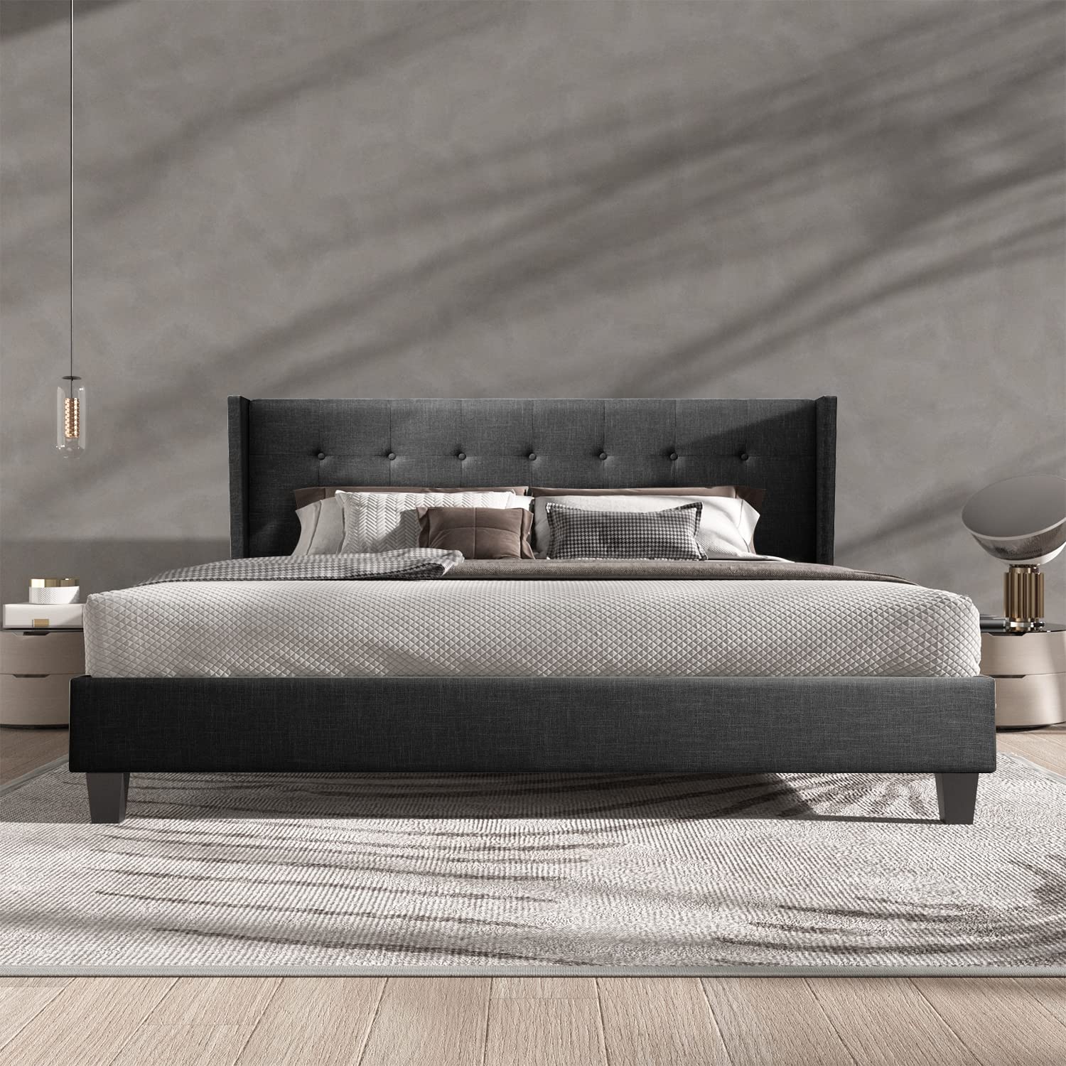 Snapklik.com : BONSOIR Full Size Dark Grey Bed Frame Upholstered ...