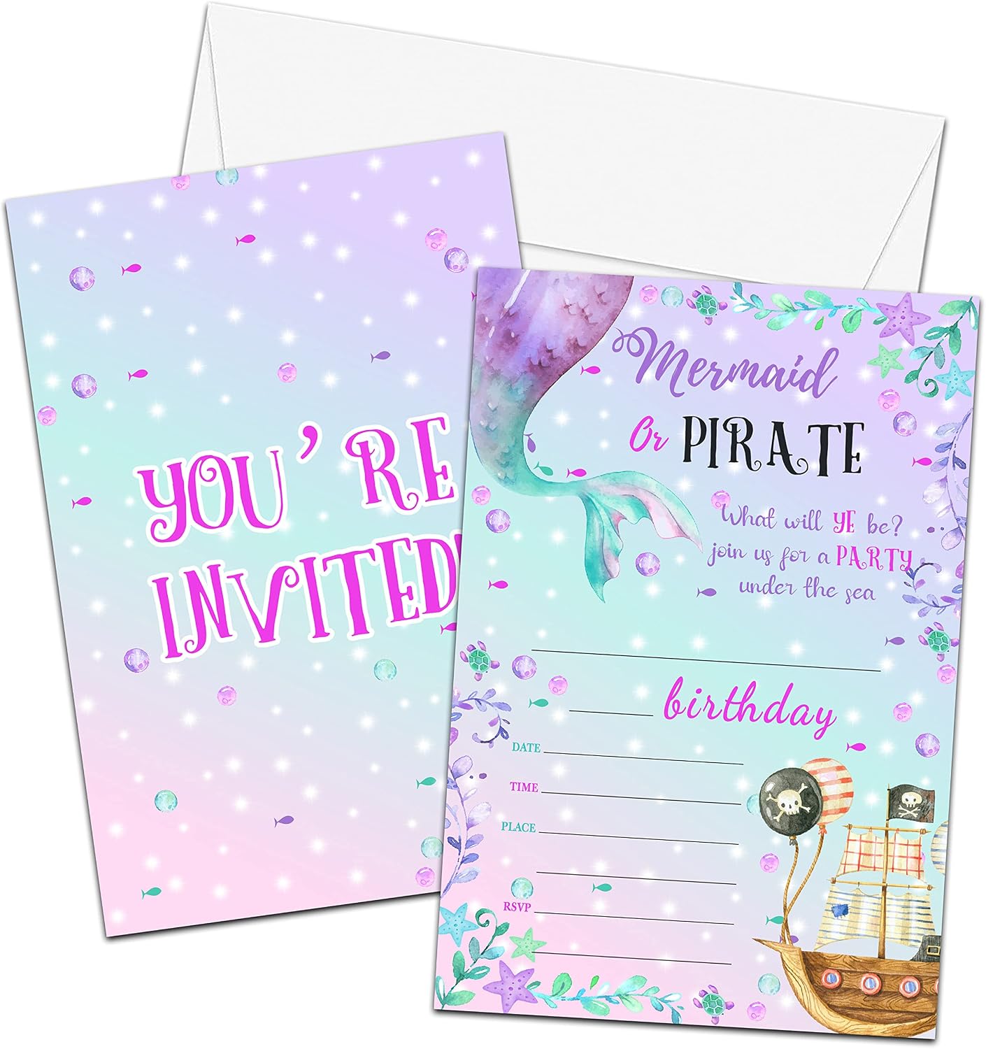 Amazon.com : Mermaid and Pirate Birthday Invitations Cards, Double ...