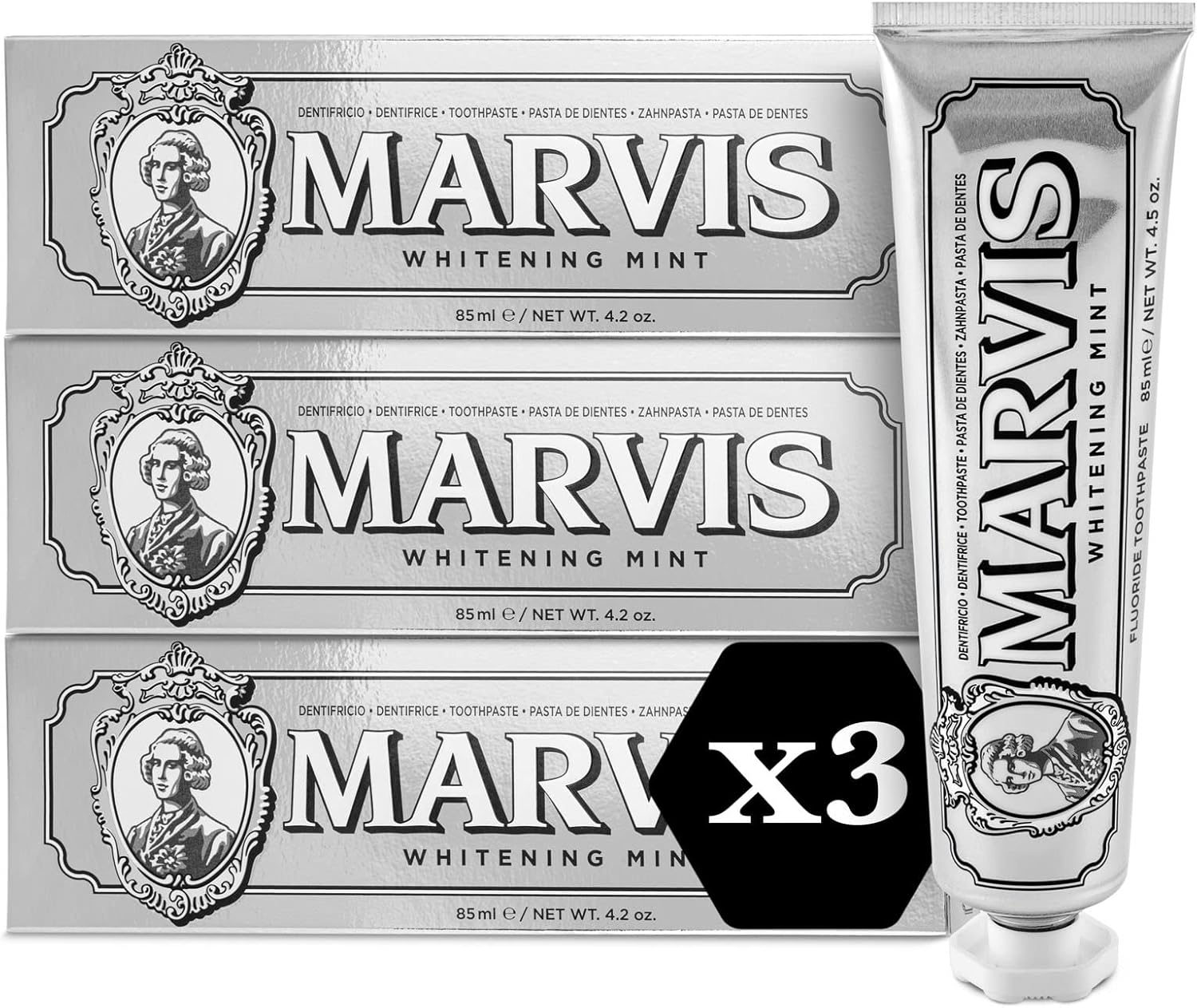 Marvis Dentifricio alla menta sbiancante, 3 × 85 ml, dentifricio ...