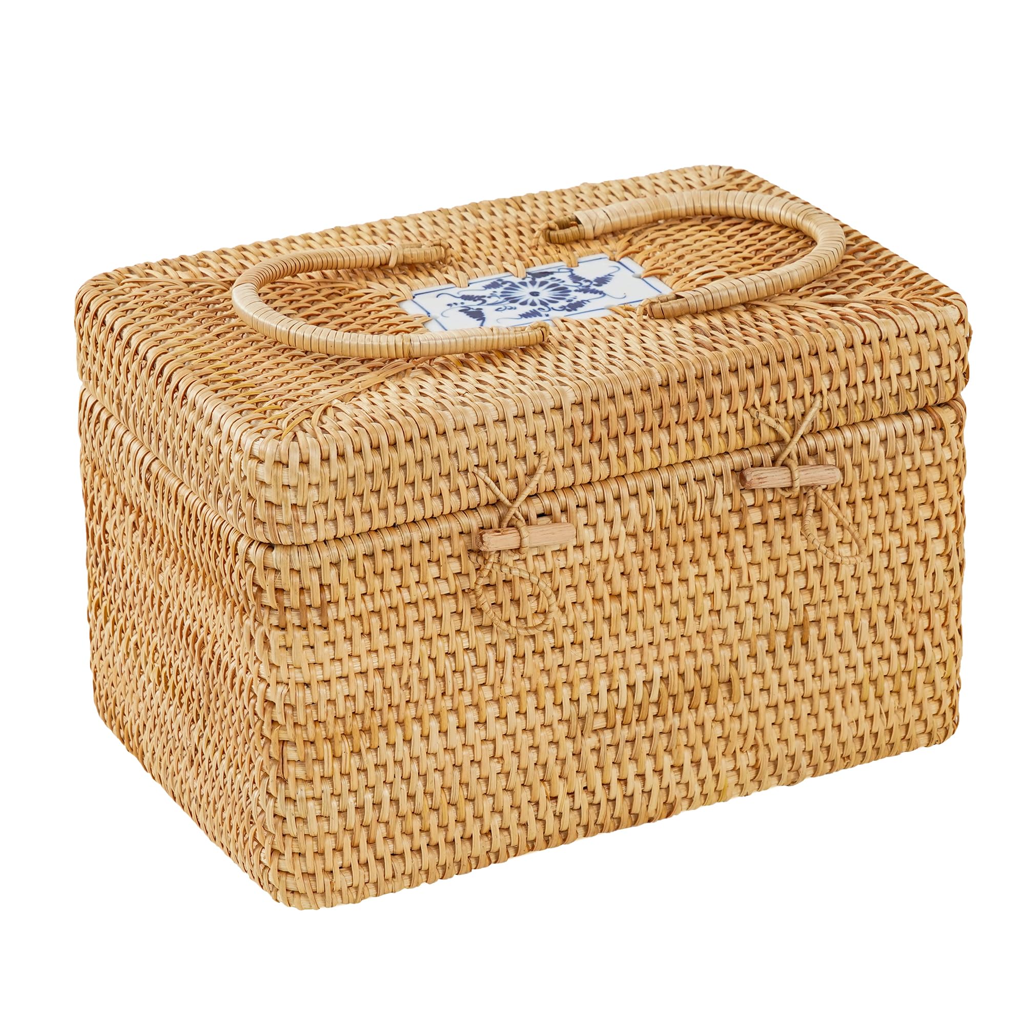 Amazon.com: Peslran Rattan Basket With Lid,Blue-and-white Porcelain ...