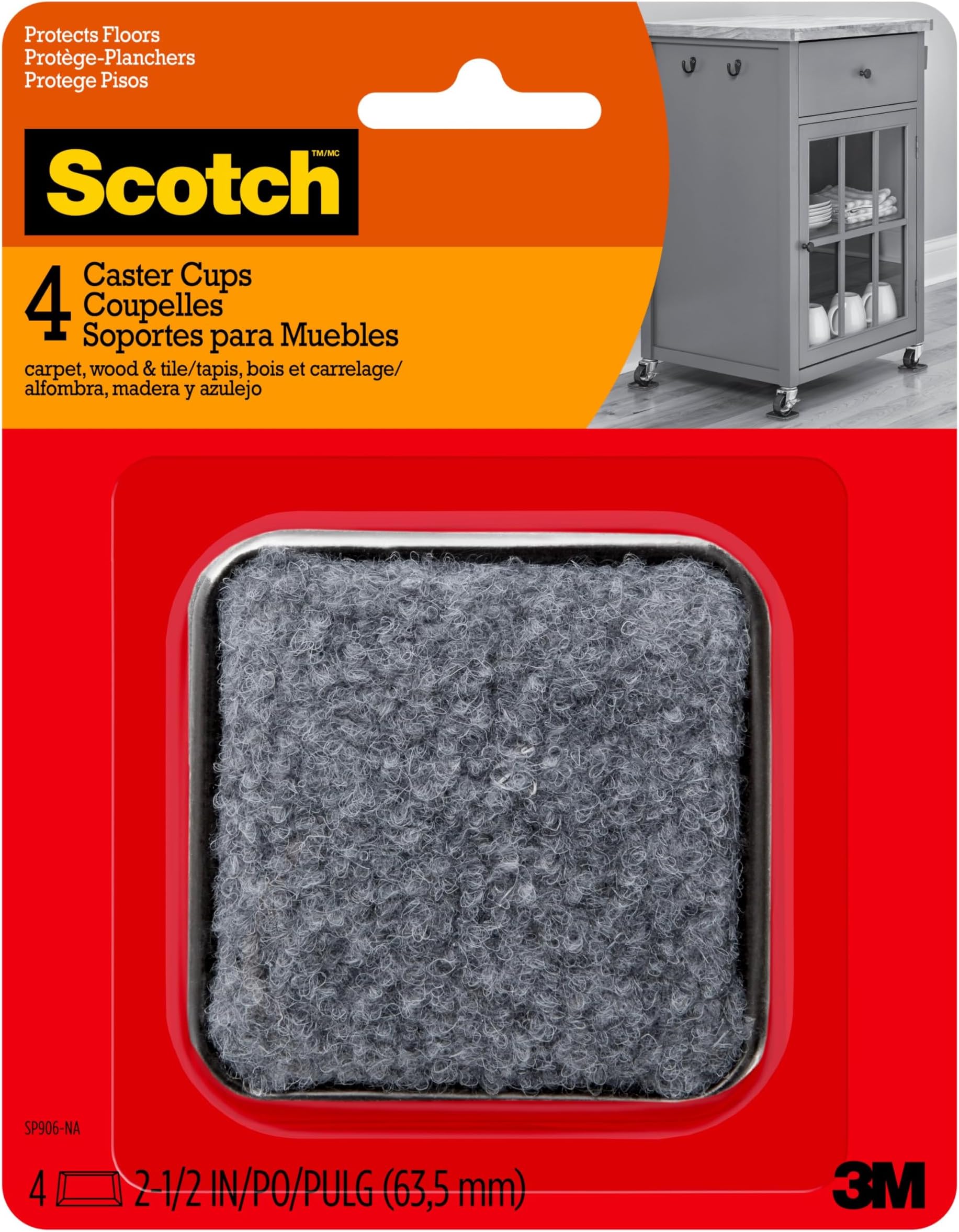 Scotch Caster Cups, Square Felt Gray 2.5-in 4/pk, Chair Leg Floor ...