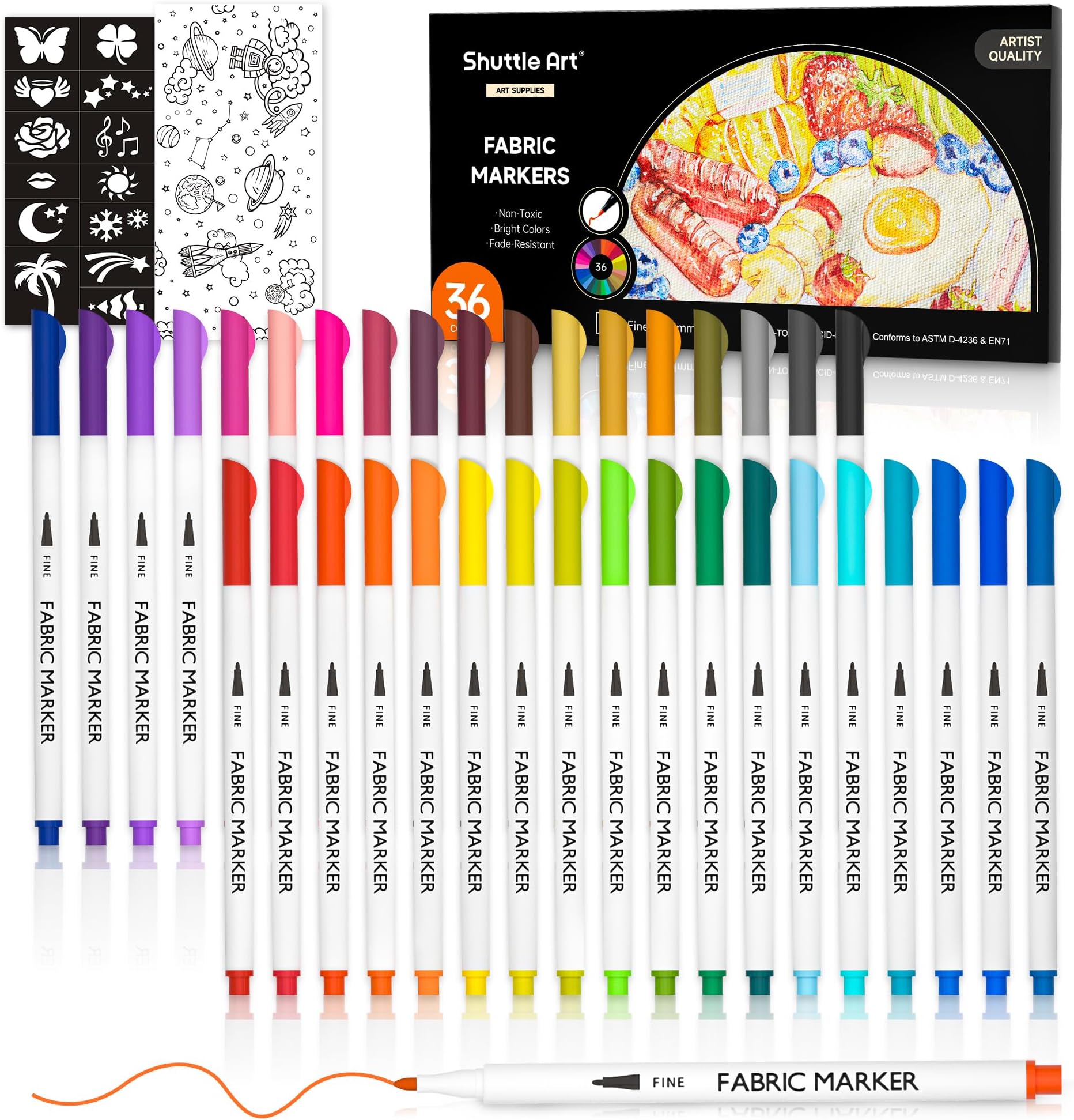 Shuttle Art Fabric Pens, 36 Colours Fine Tip Permanent Fabric Markers ...
