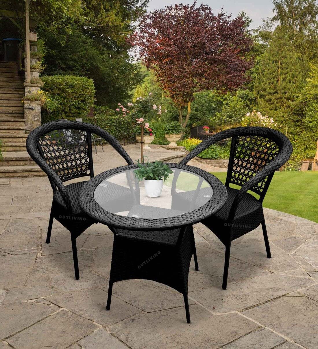 OUTLIVING Garden Patio Seating Chairs and Table Set with Glass Top ...