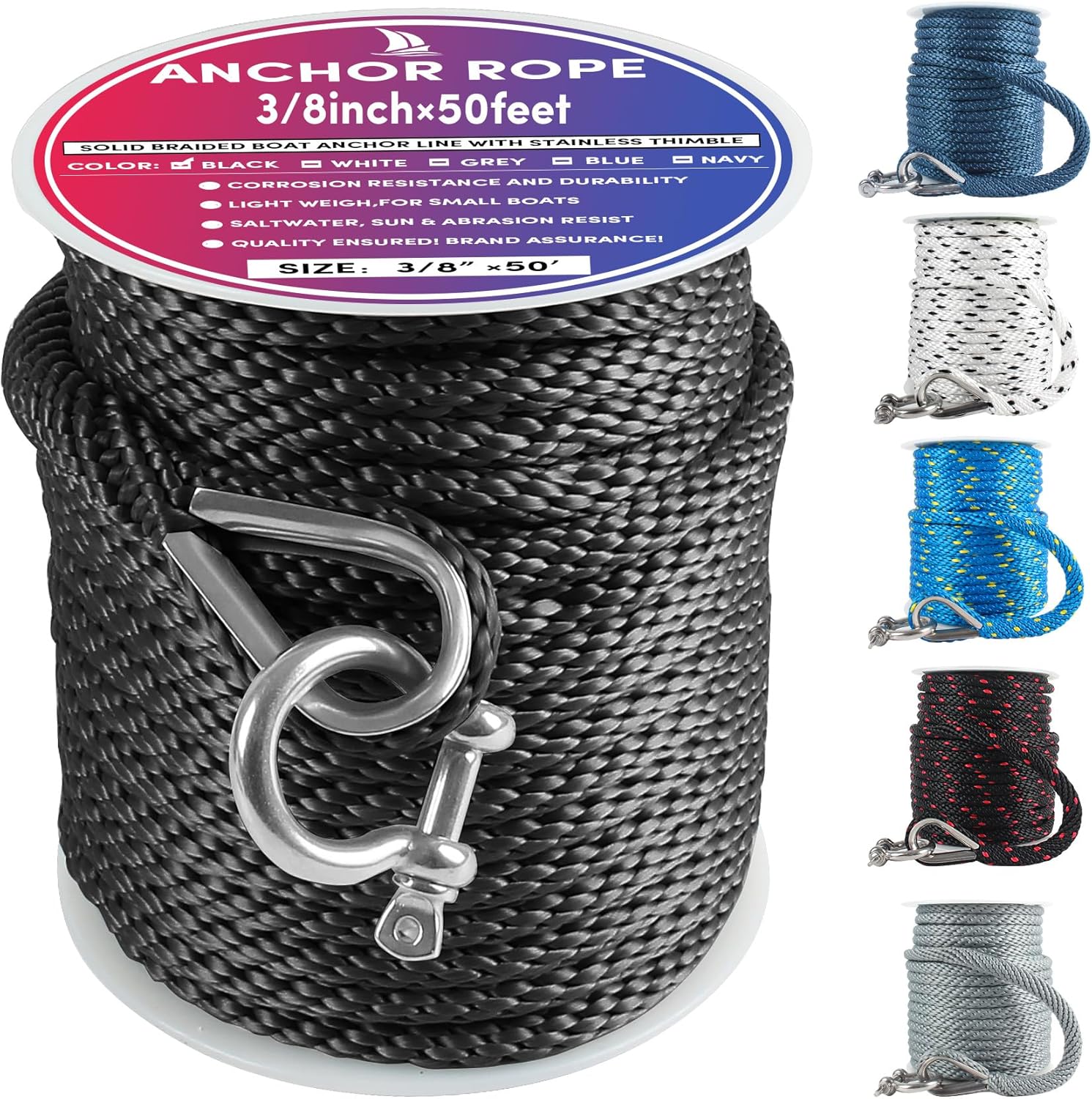 Premium Anchor Rope 50 ft x 3/8 inch, Solid Braid MFP Anchor Line Boat ...