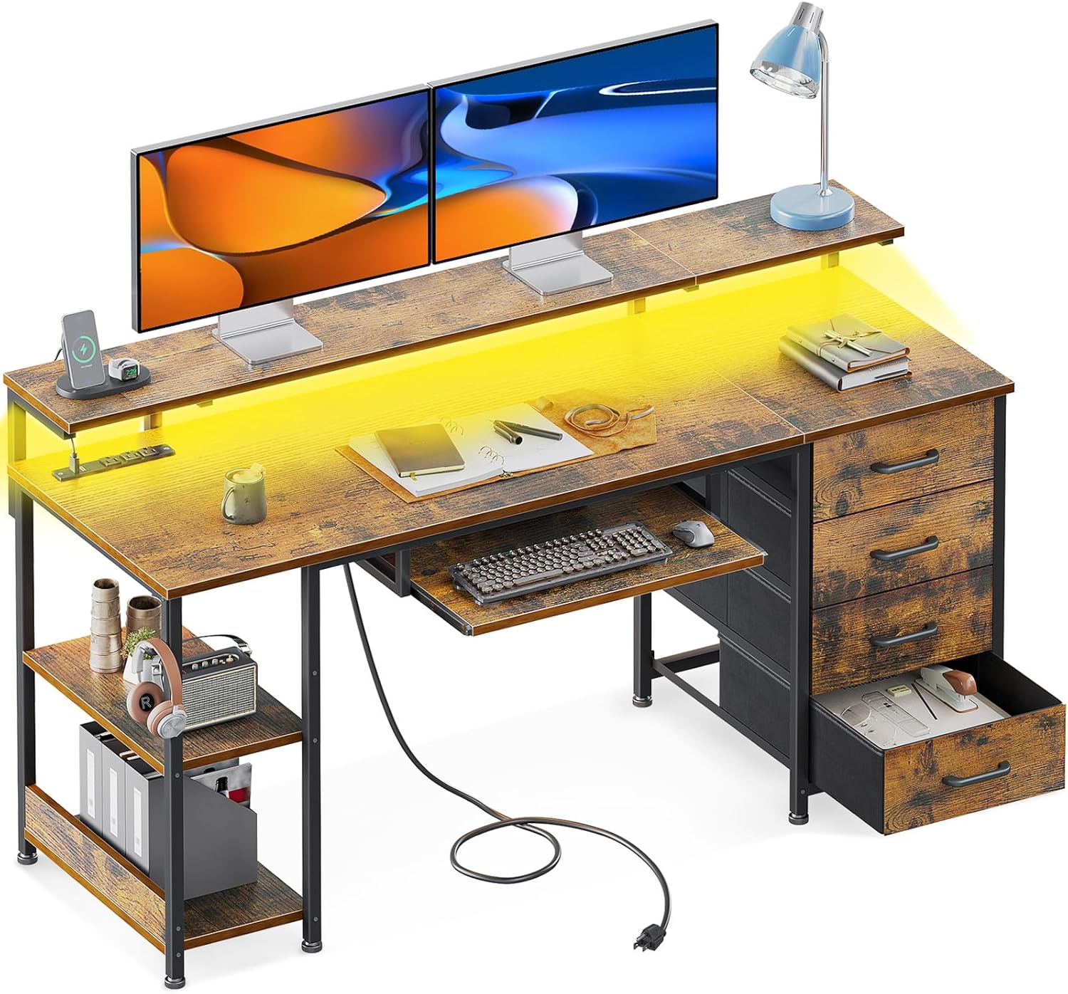 Amazon.com: AODK 61 Inch Large Computer Desk with 4 Drawers and Power ...