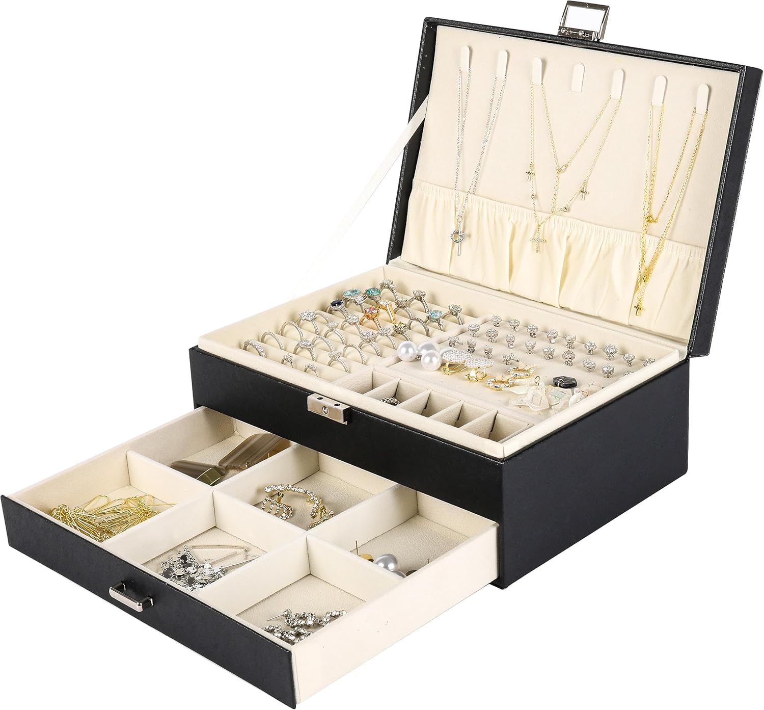 Jewellery Box - Travel Jewellery Organiser - Black 2-Layer Jewelry Box ...