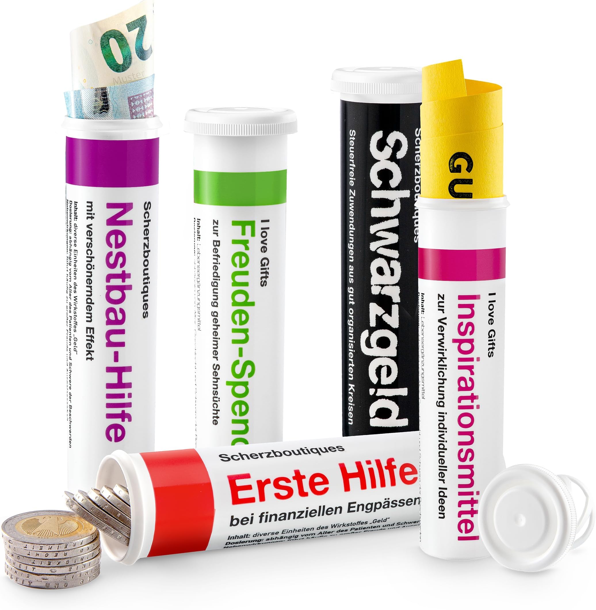 Geld- & Geschenkröhrchen MIX SET Nr. 1 im Medikamenten-Stil, 5 x ...