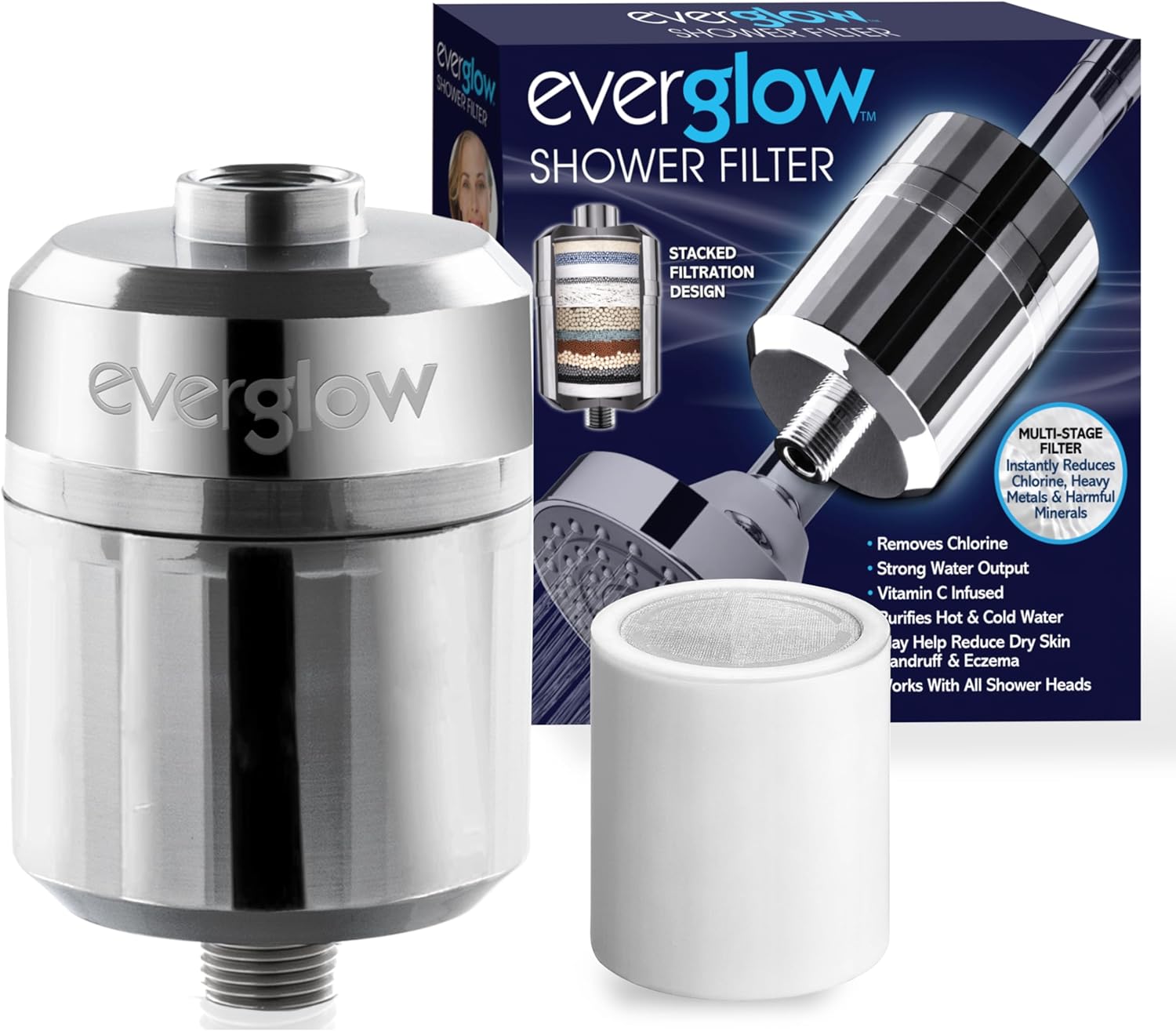 EVERGLOW High-Output Shower Filter, Reduces Chlorine, Dry Skin ...